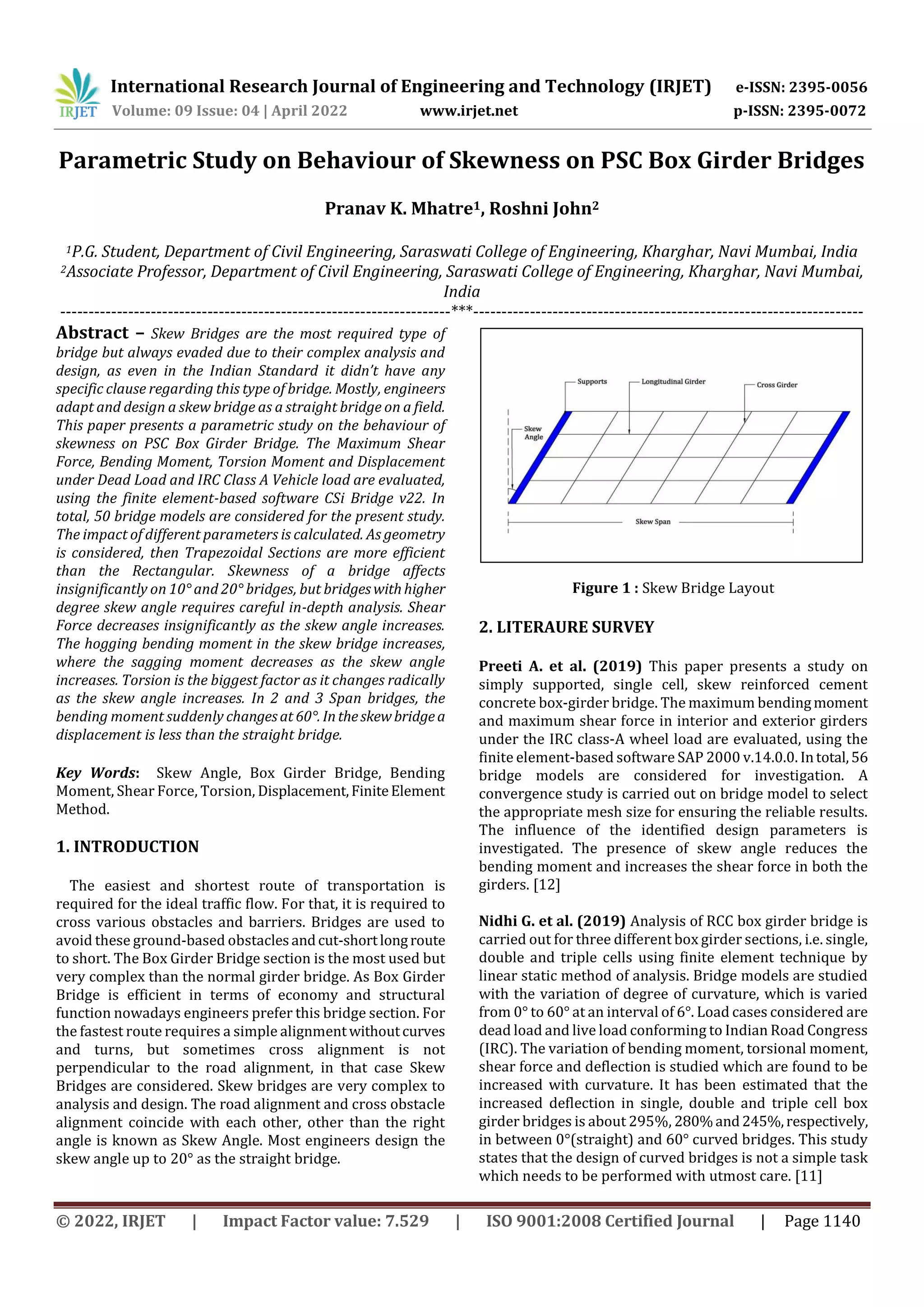 Parametric Study on Behaviour of Skewness on PSC Box Girder Bridges | PDF