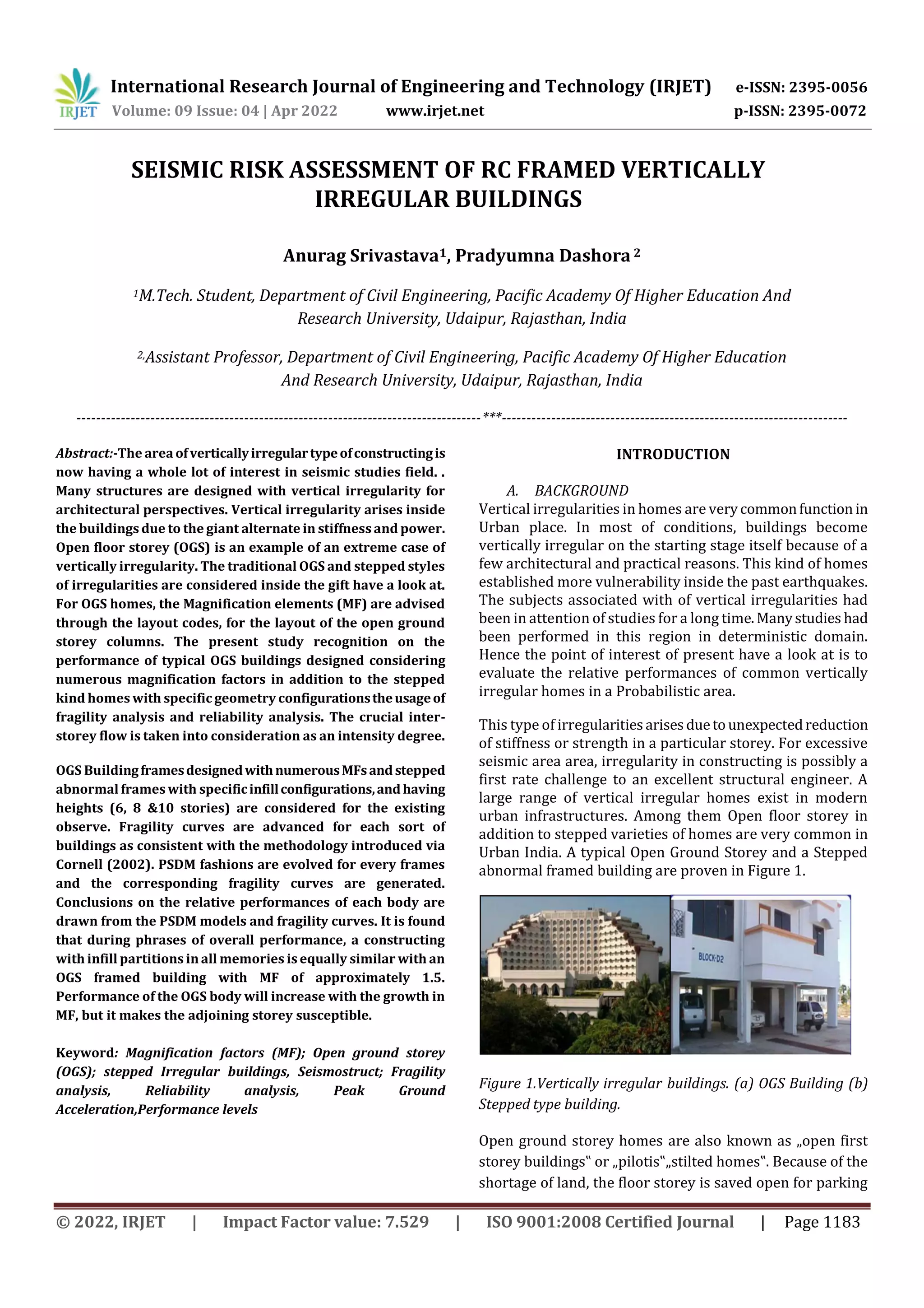 SEISMIC RISK ASSESSMENT OF RC FRAMED VERTICALLY IRREGULAR BUILDINGS | PDF