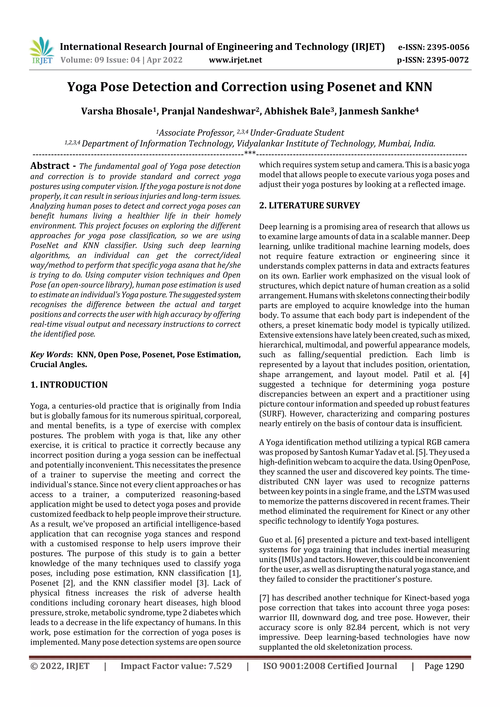 Yoga Pose Detection And Correction Using Posenet And Knn Pdf