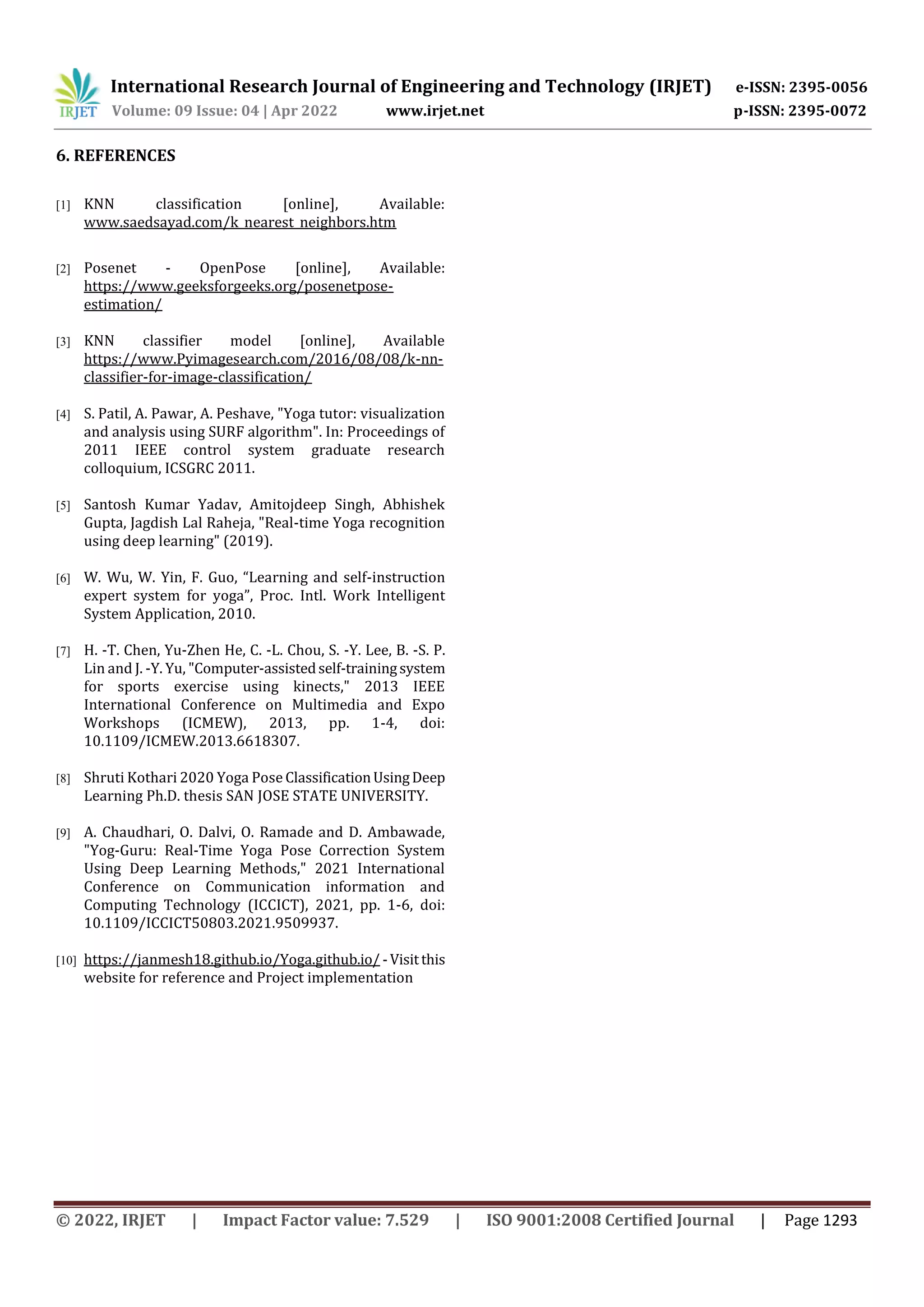 Yoga Pose Detection and Correction using Posenet and KNN | PDF