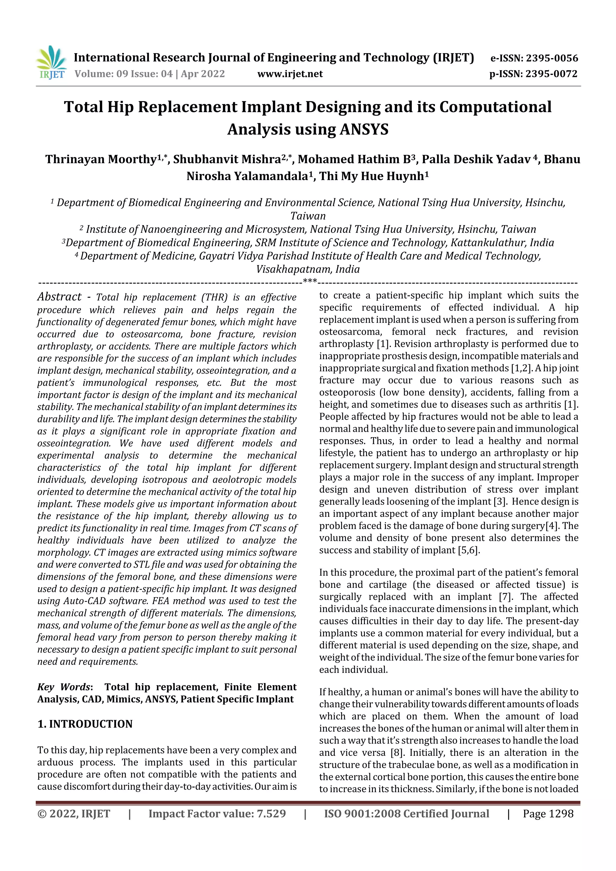Total Hip Replacement Implant Designing and its Computational Analysis ...