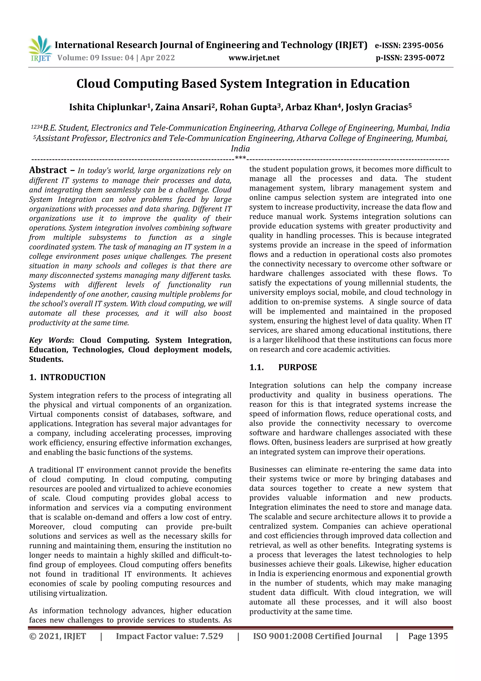 Cloud Computing Based System Integration in Education | PDF