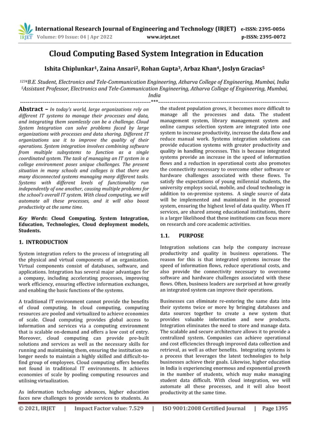 Cloud Computing Based System Integration in Education