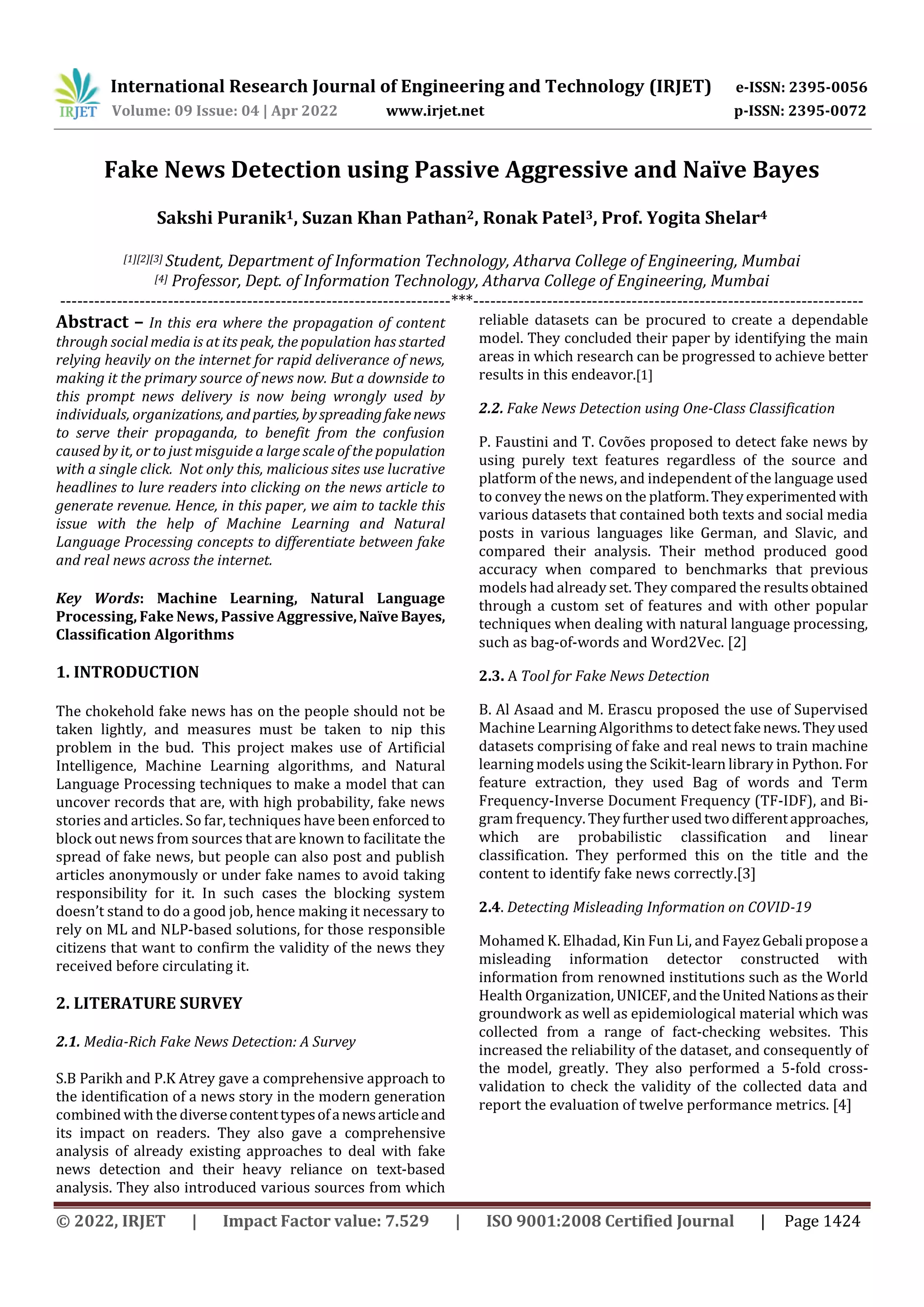 Fake News Detection using Passive Aggressive and Naïve Bayes | PDF | Internet | Computing