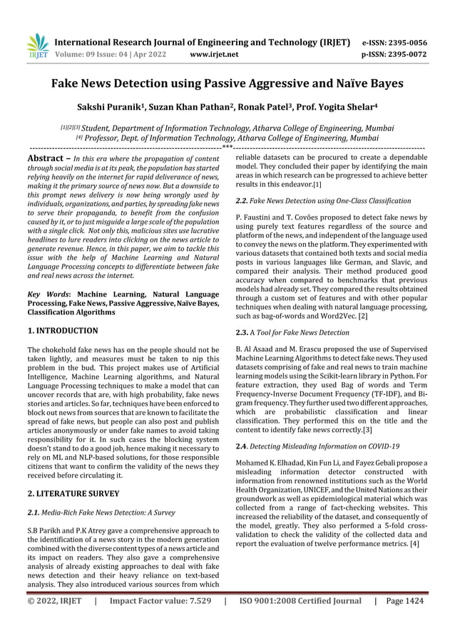 Fake News Detection Using Passive Aggressive And Naïve Bayes Pdf