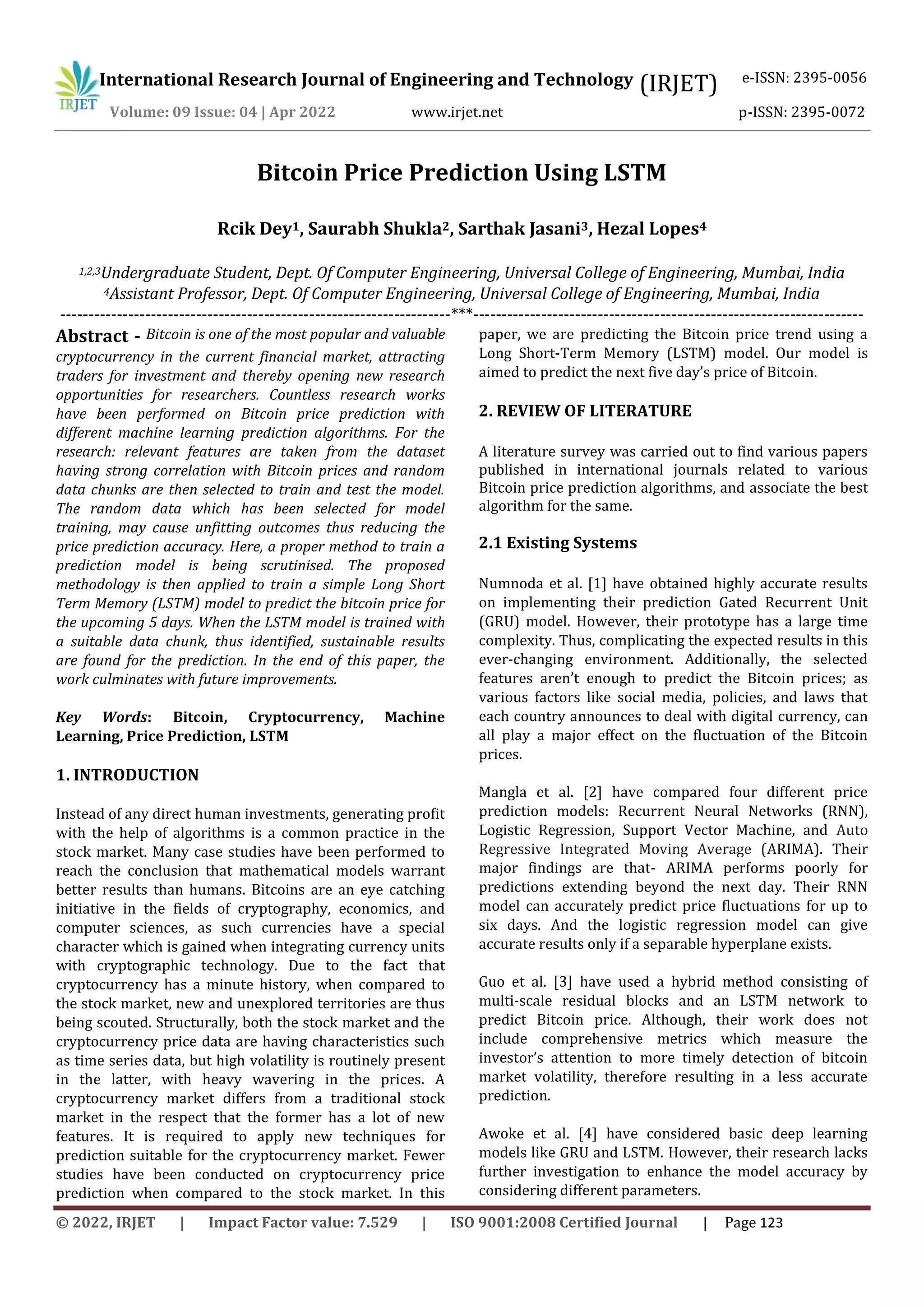 Bitcoin Price Prediction Using LSTM | PDF