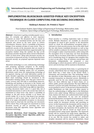 IMPLEMENTING BLOCKCHAIN ASSISTED PUBLIC KEY ENCRYPTION TECHNIQUE IN CLOUD COMPUTING FOR SECURING ...