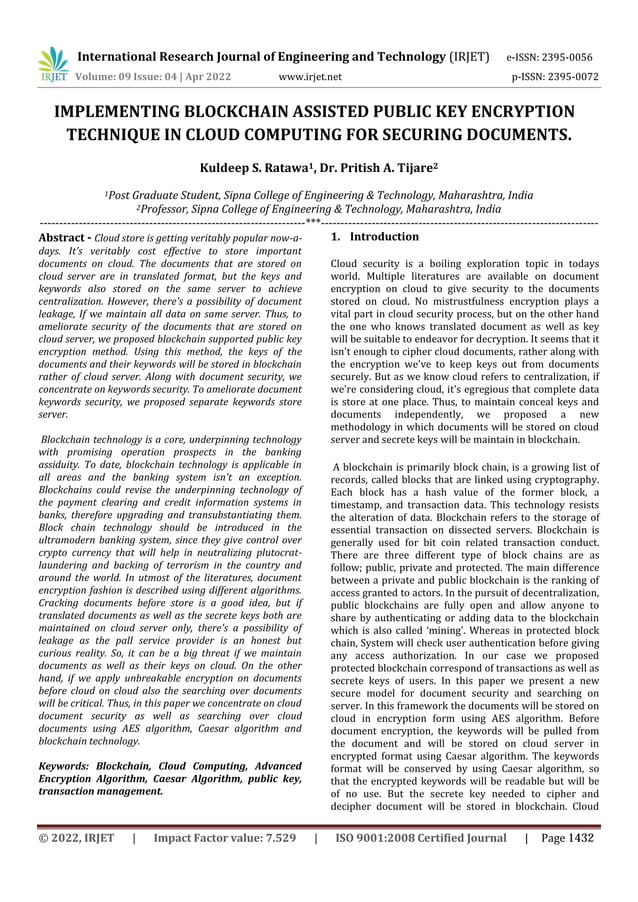 IMPLEMENTING BLOCKCHAIN ASSISTED PUBLIC KEY ENCRYPTION TECHNIQUE IN CLOUD COMPUTING FOR SECURING ...