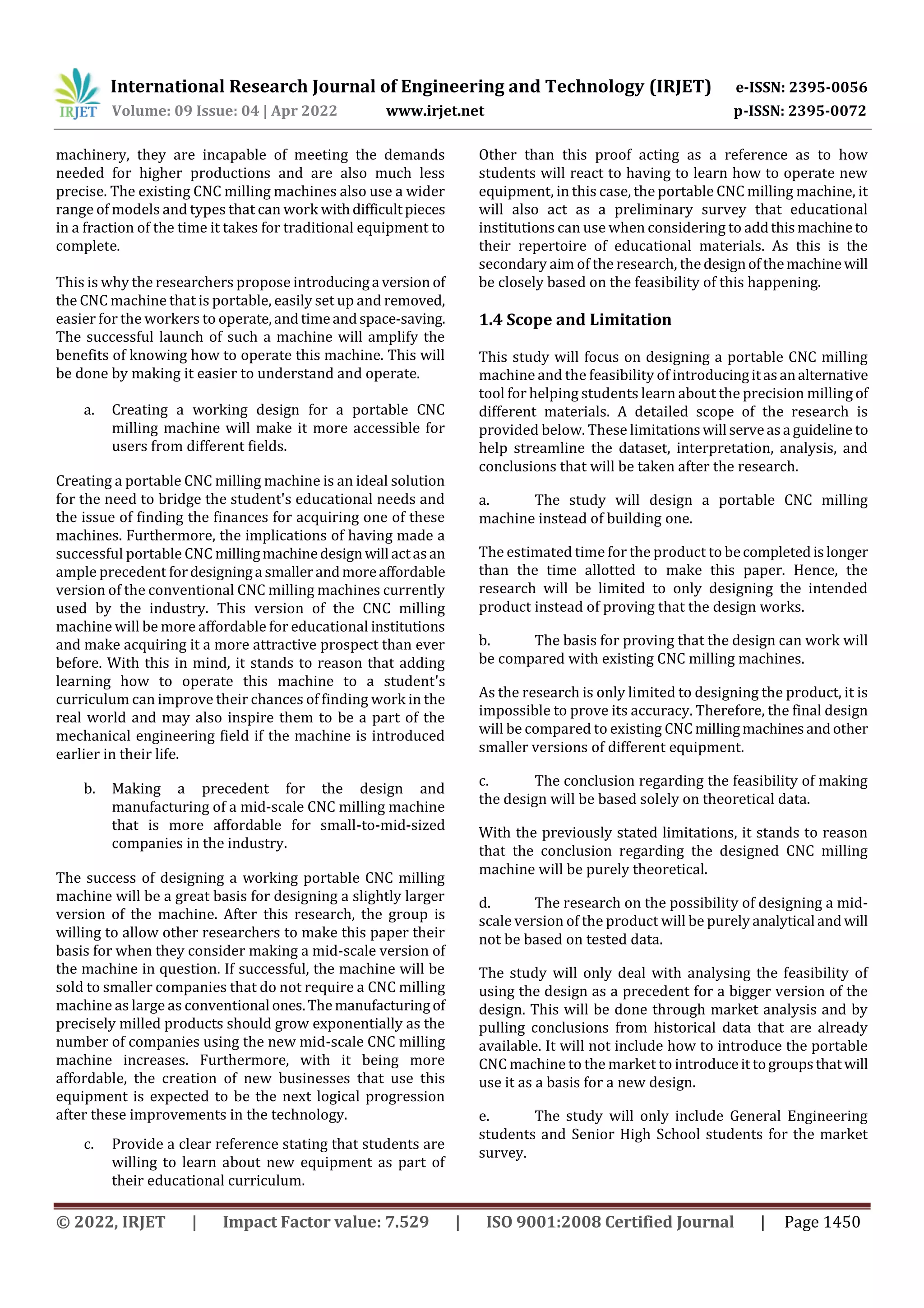 FEASIBILITY OF INTRODUCING A CNC MACHINE TO FRESHMEN AND INCOMING ...