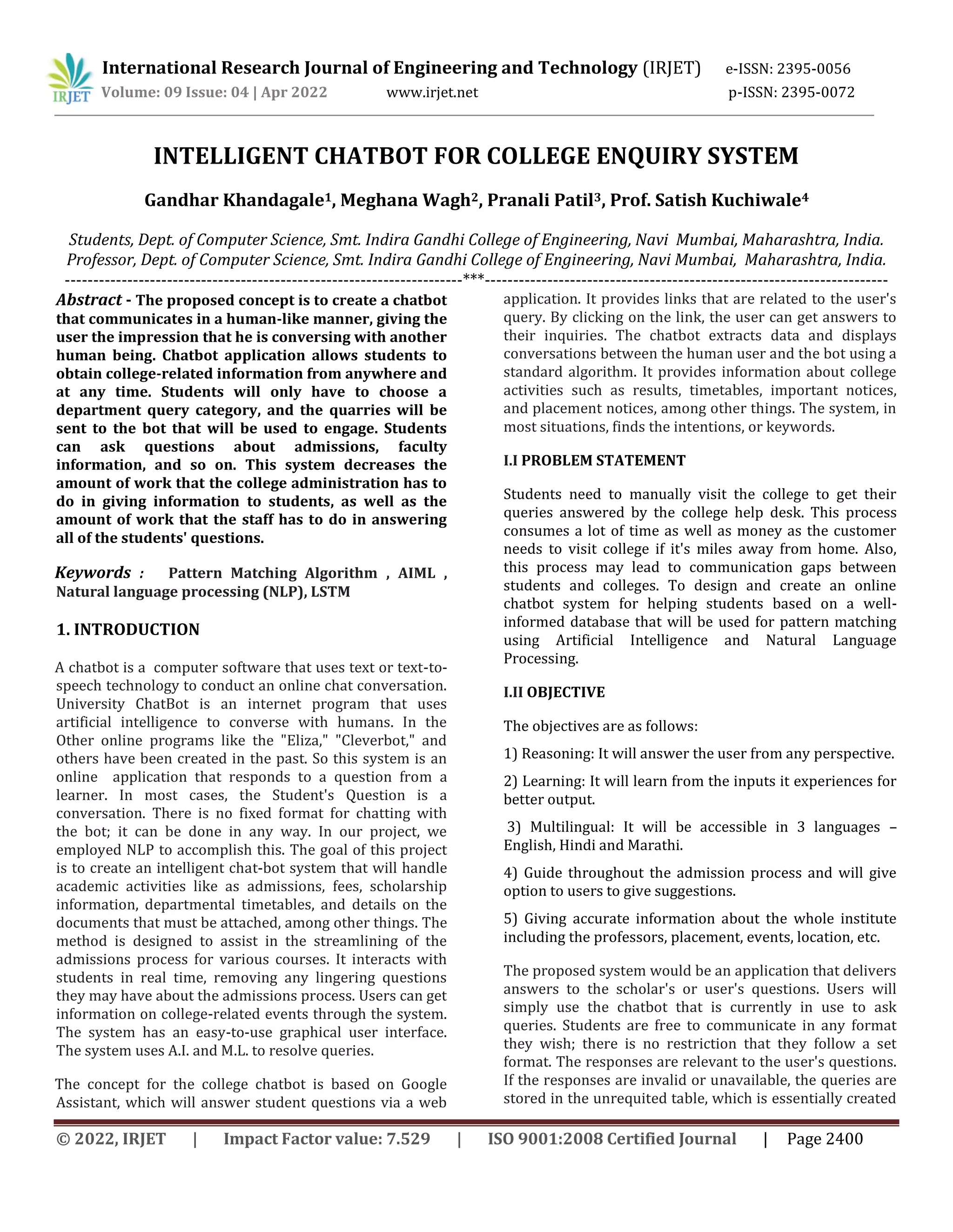 INTELLIGENT CHATBOT FOR COLLEGE ENQUIRY SYSTEM | PDF