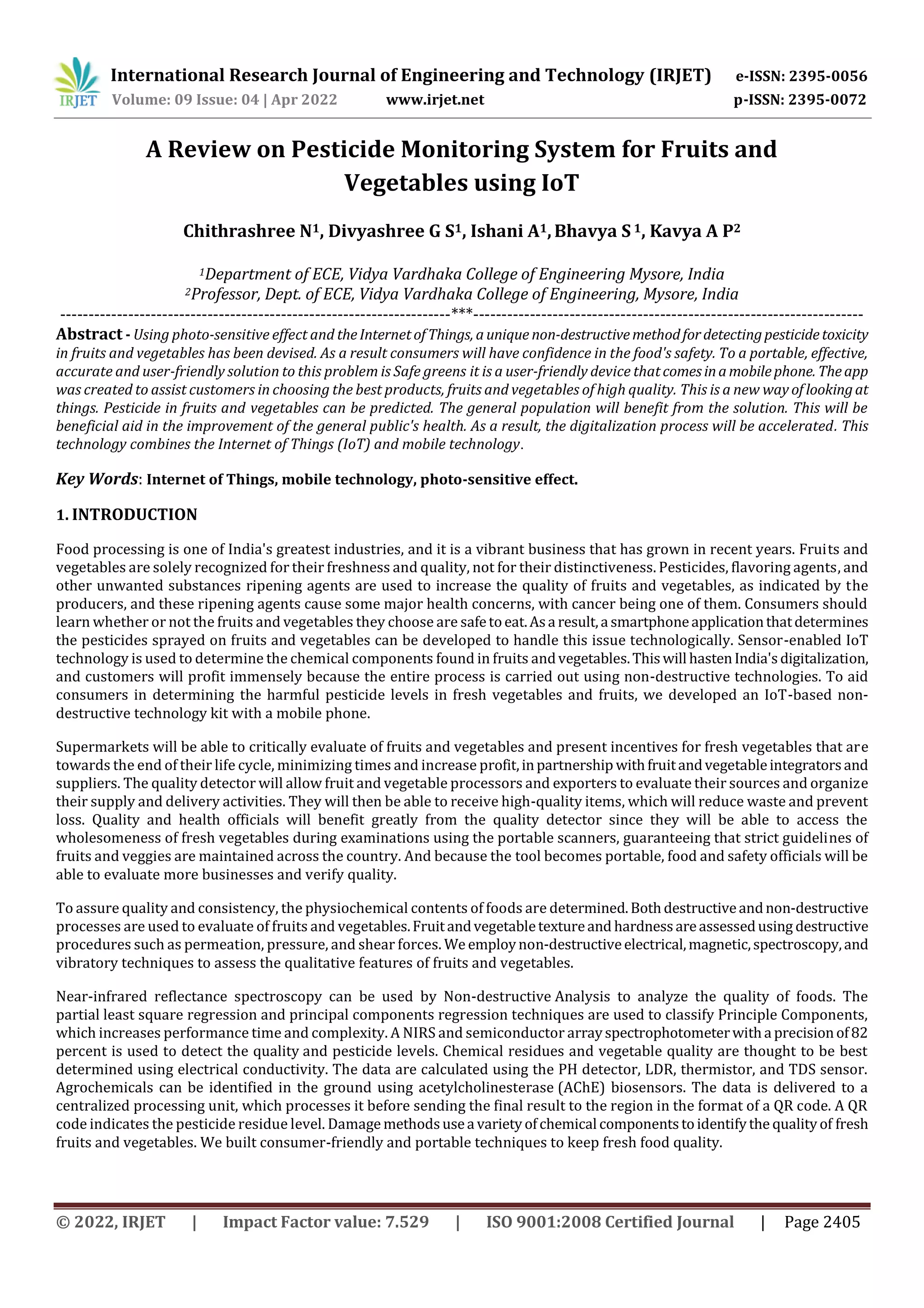 A Review on Pesticide Monitoring System for Fruits and Vegetables using IoT | PDF