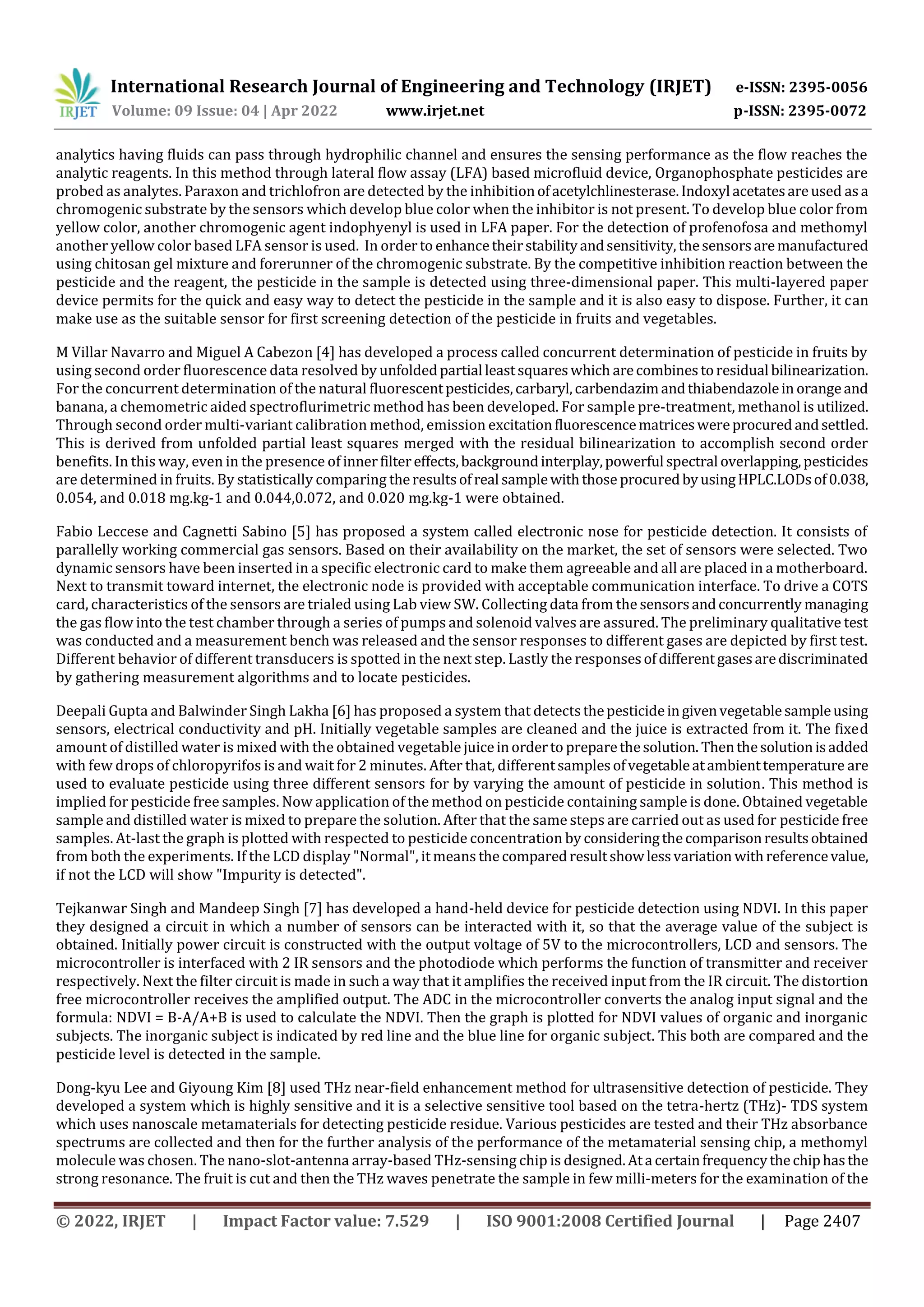 A Review on Pesticide Monitoring System for Fruits and Vegetables using IoT | PDF