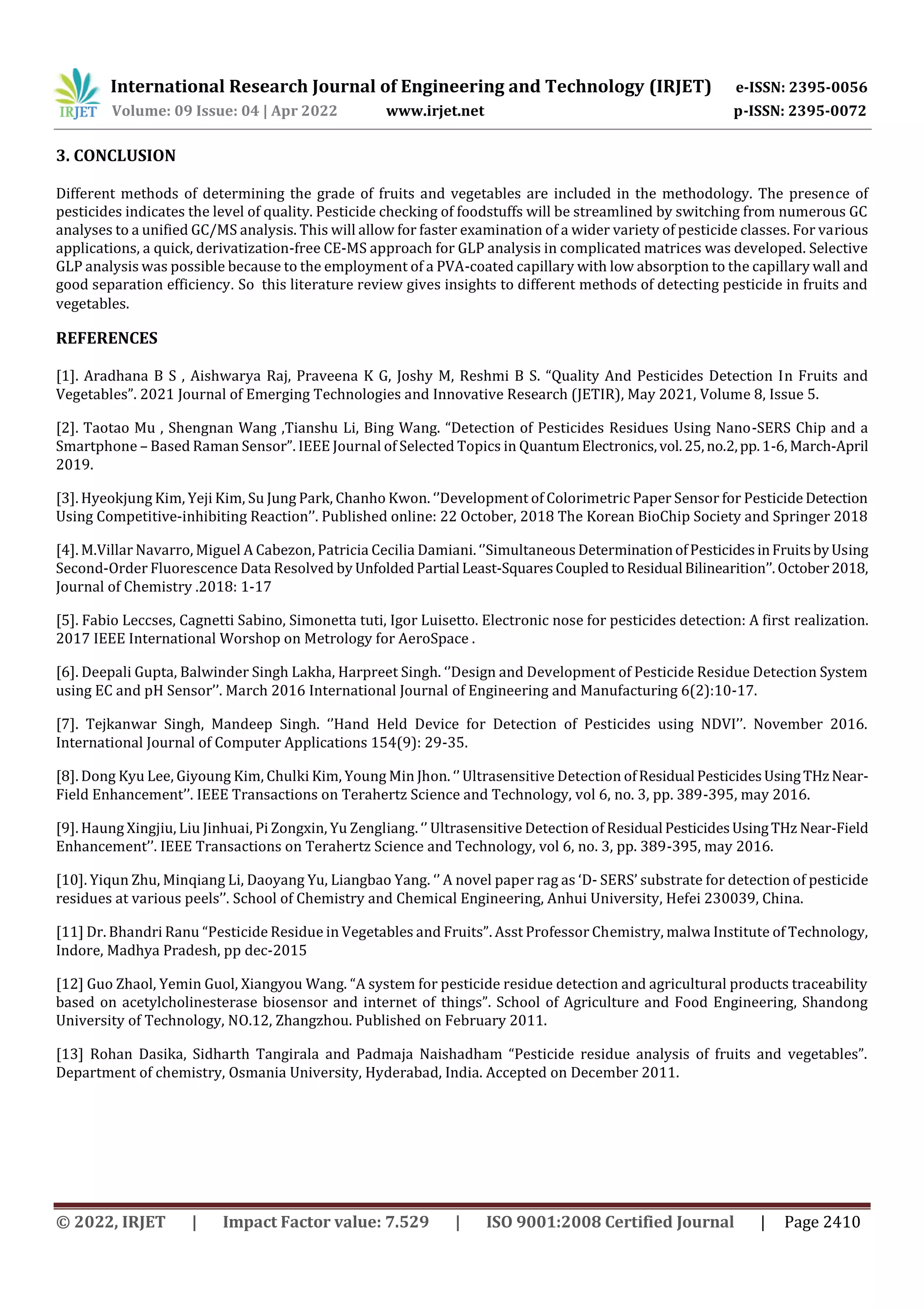 A Review On Pesticide Monitoring System For Fruits And Vegetables Using Iot Pdf