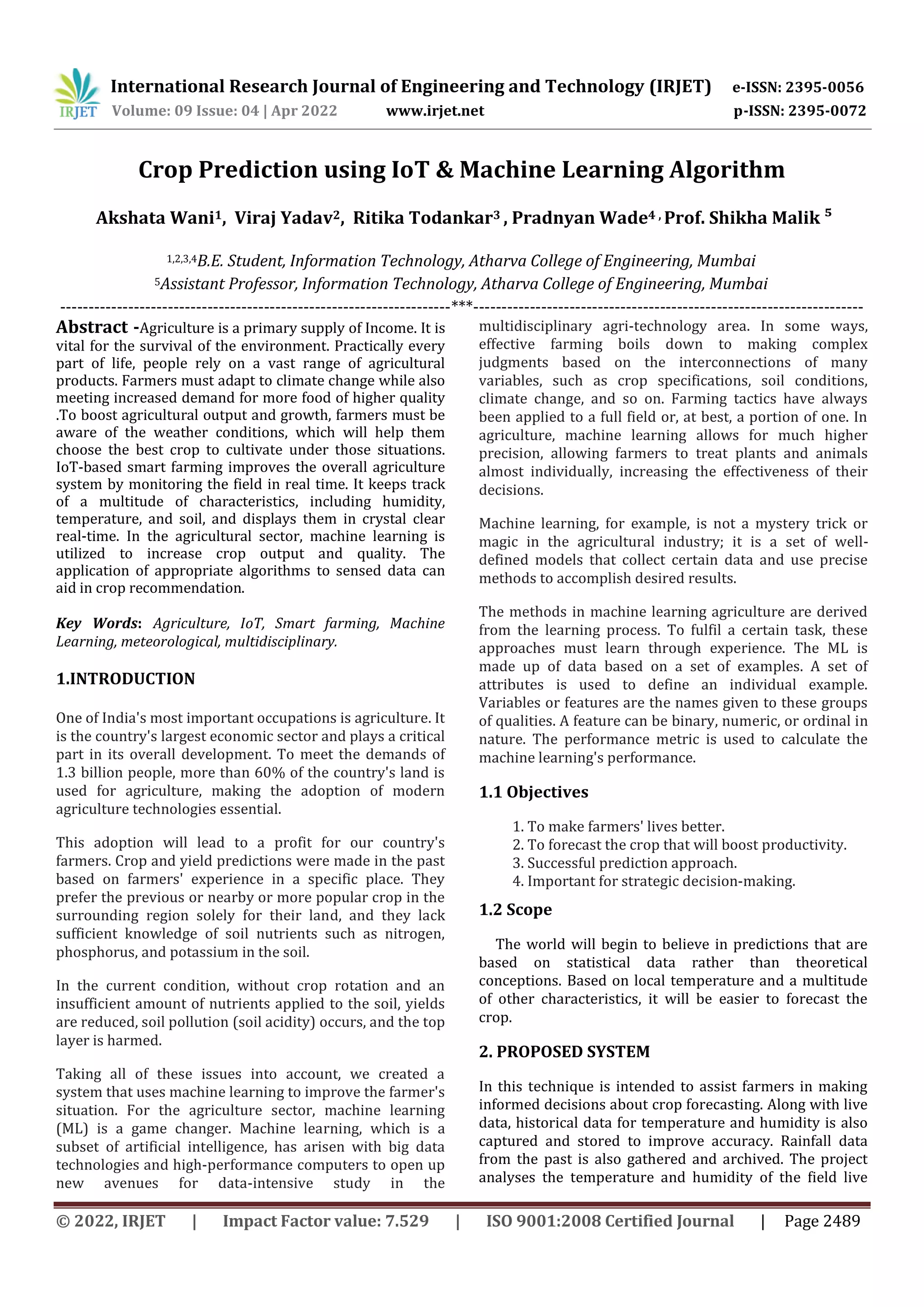 Crop Prediction Using Iot And Machine Learning Algorithm Pdf