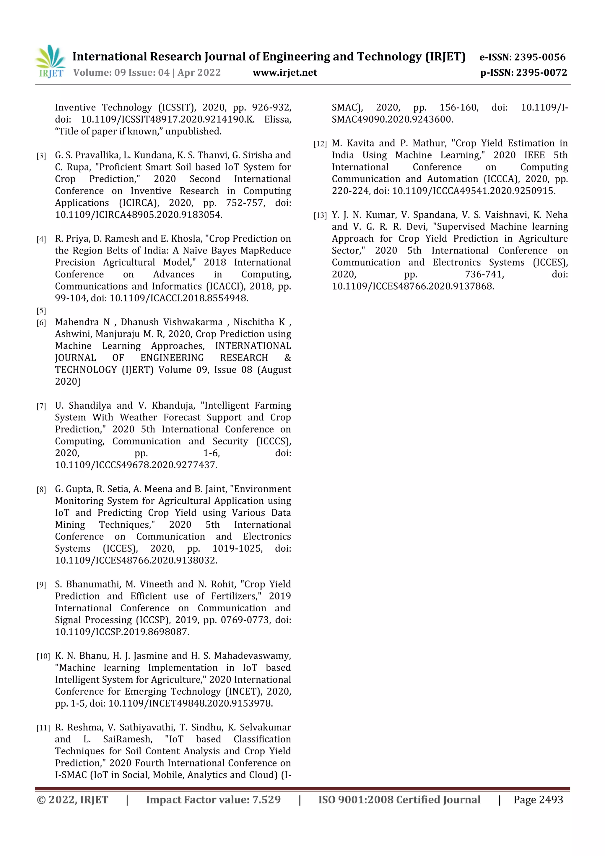 Crop Prediction using IoT & Machine Learning Algorithm | PDF