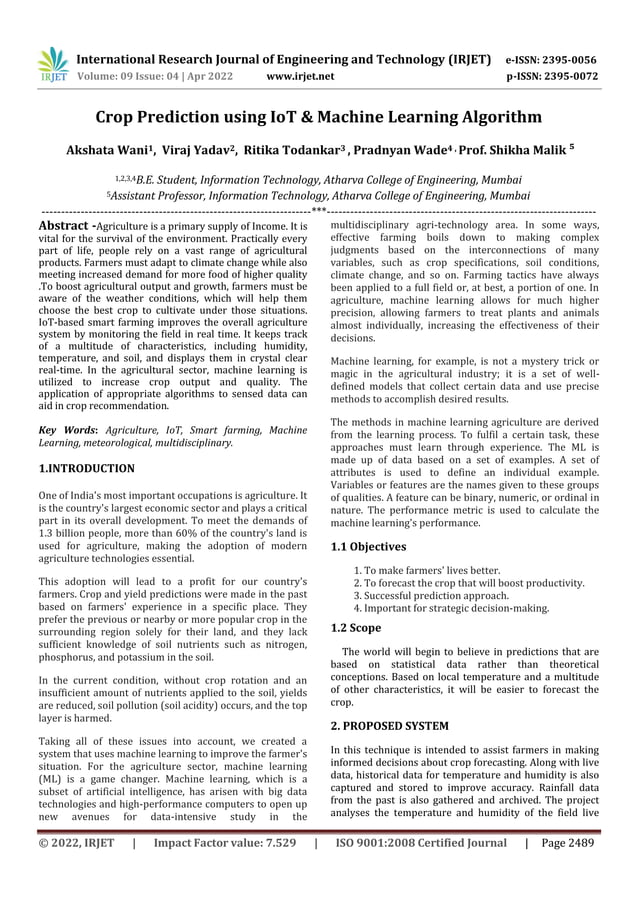 Crop Prediction using IoT & Machine Learning Algorithm | PDF