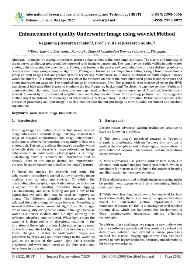 Enhancement of quality Underwater Image using wavelet Method | PDF
