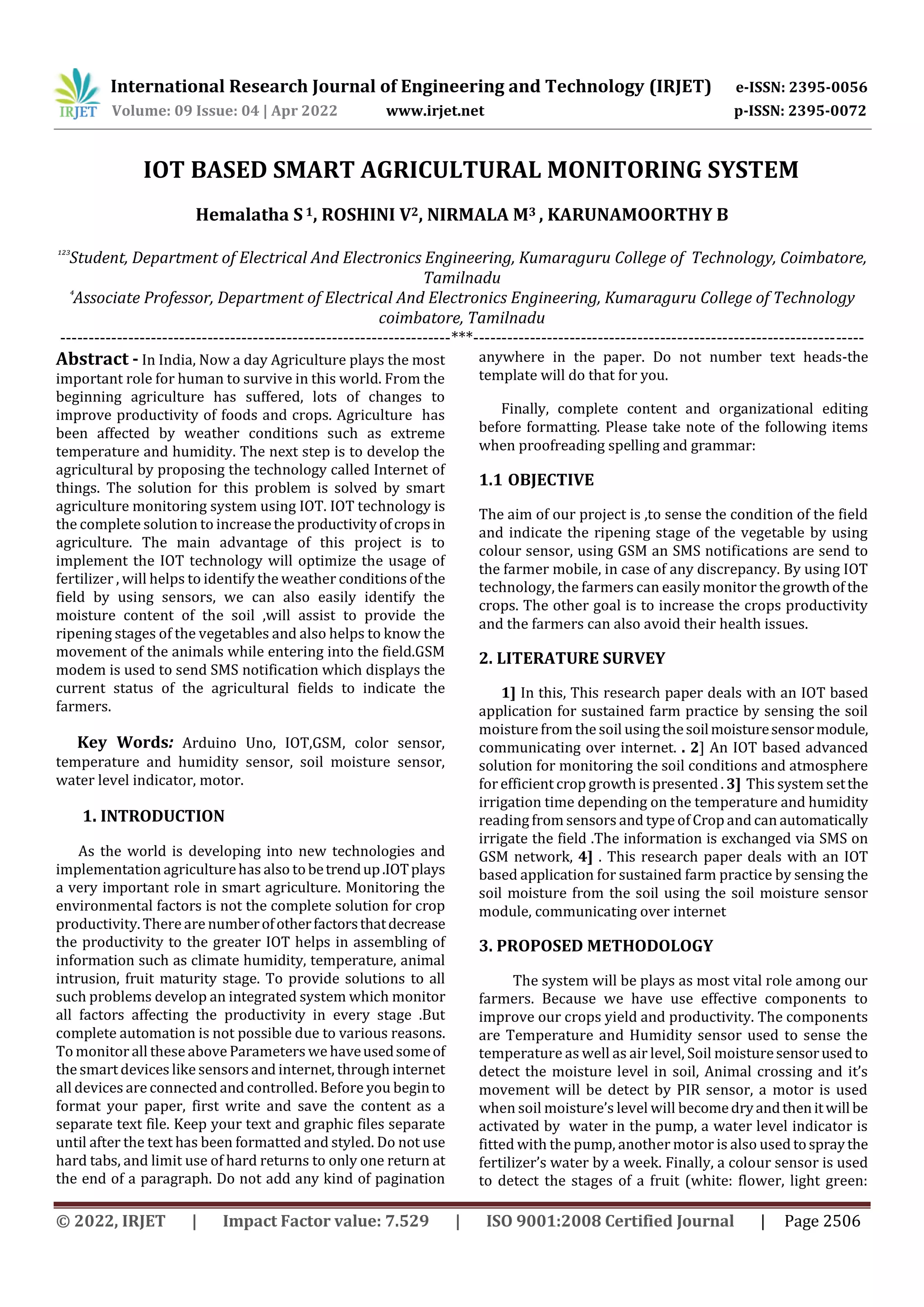IOT BASED SMART AGRICULTURAL MONITORING SYSTEM | PDF