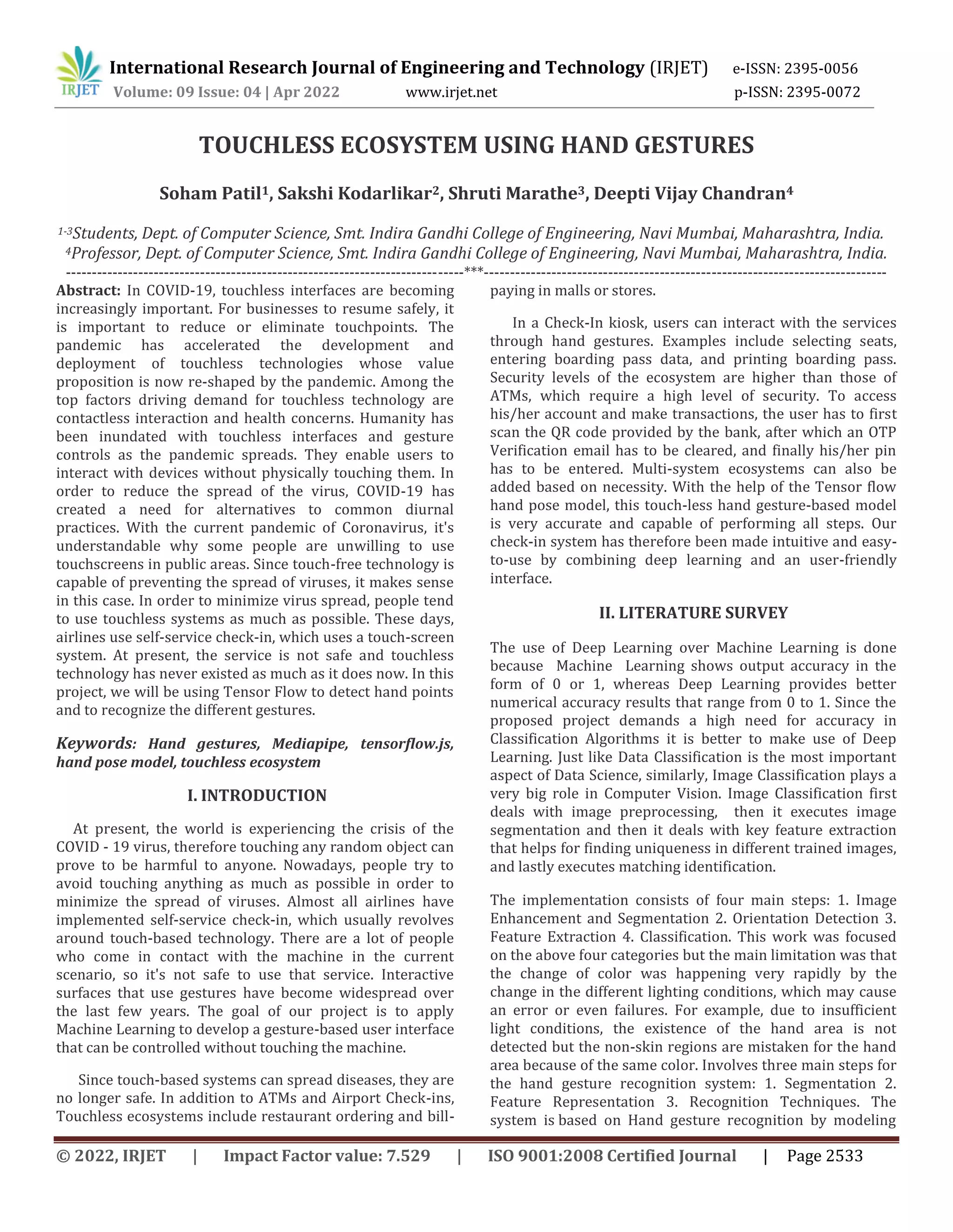 TOUCHLESS ECOSYSTEM USING HAND GESTURES | PDF