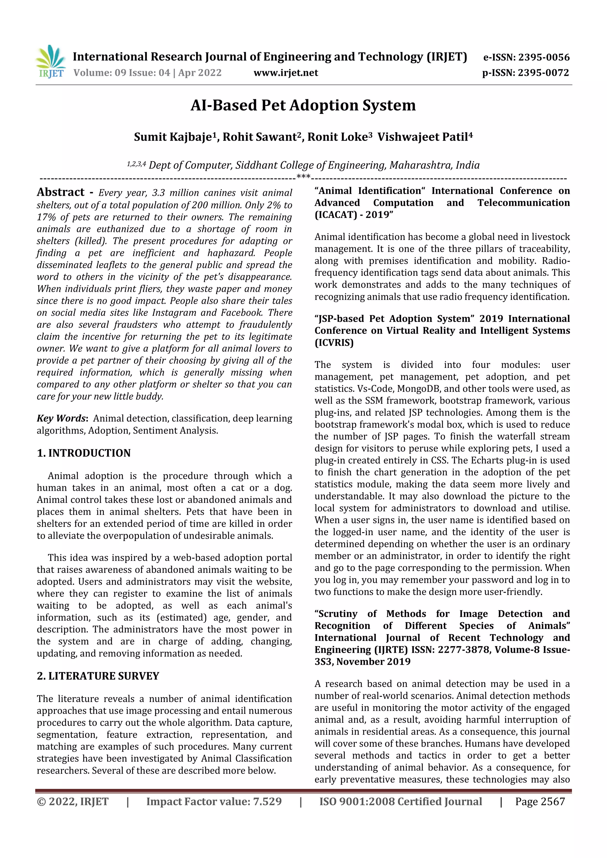 AI-Based Pet Adoption System | PDF