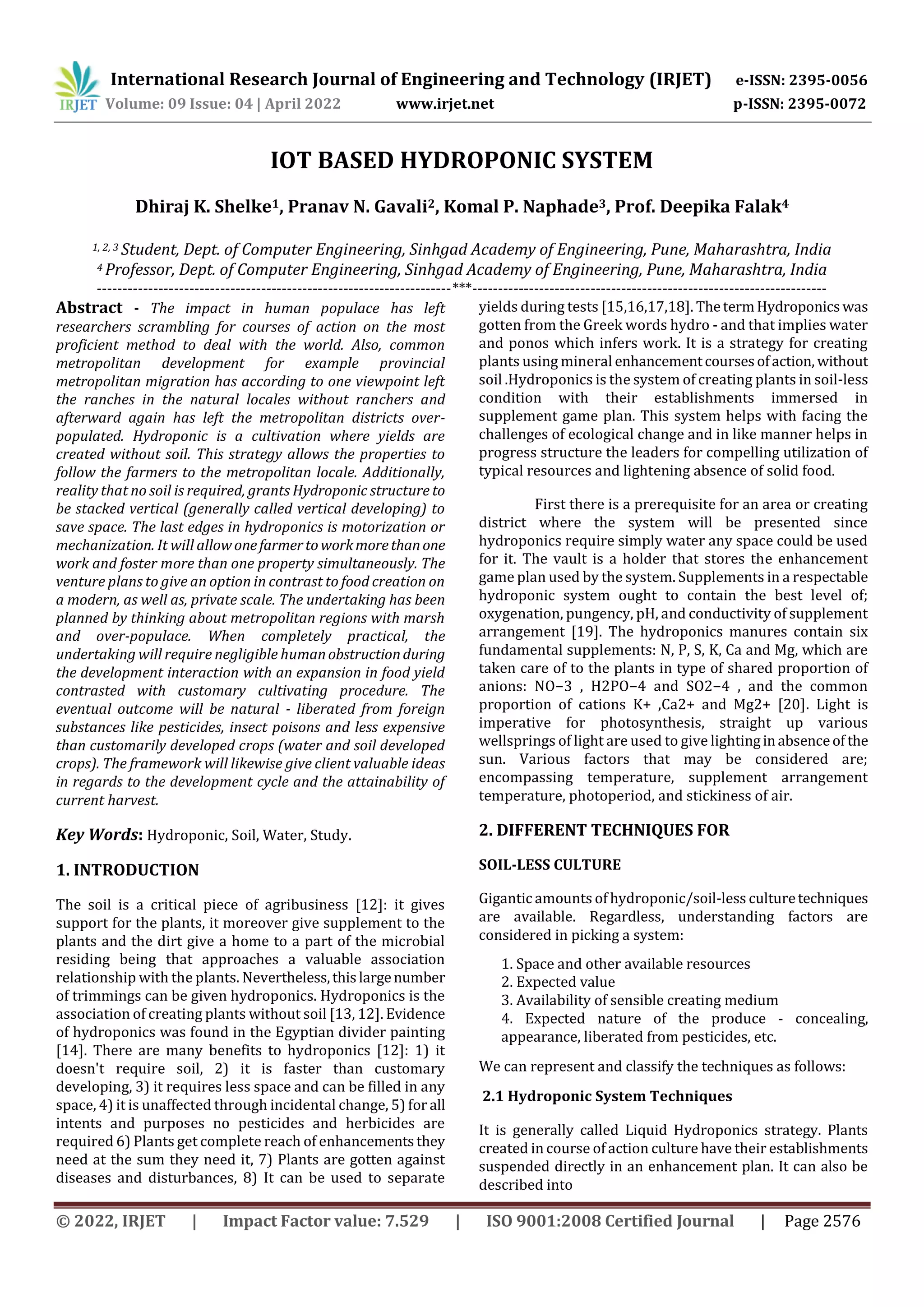 IOT BASED HYDROPONIC SYSTEM | PDF