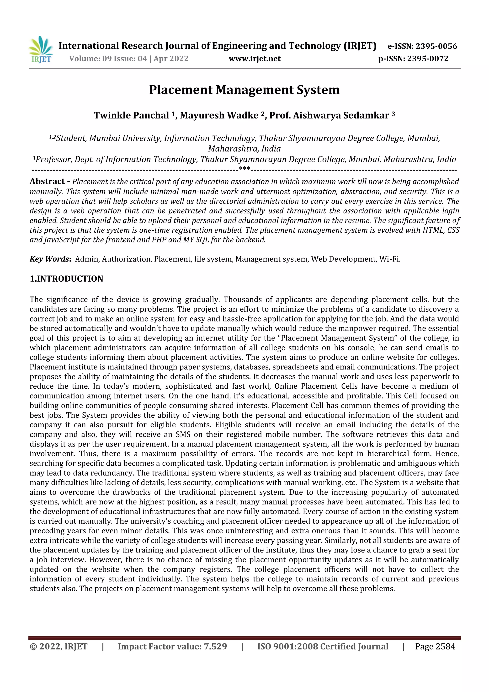 Placement Management System | PDF