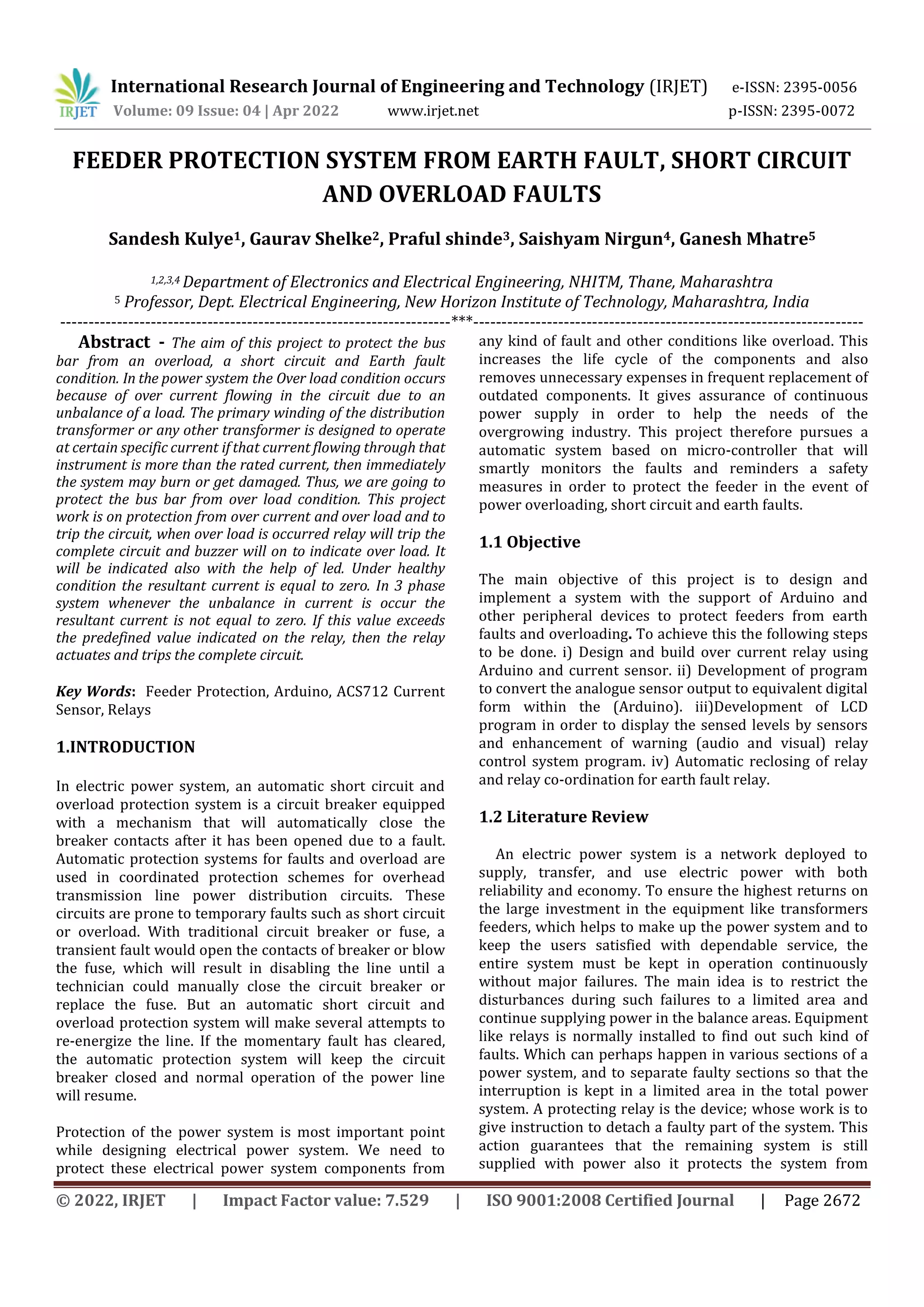 FEEDER PROTECTION SYSTEM FROM EARTH FAULT, SHORT CIRCUIT AND OVERLOAD FAULTS | PDF