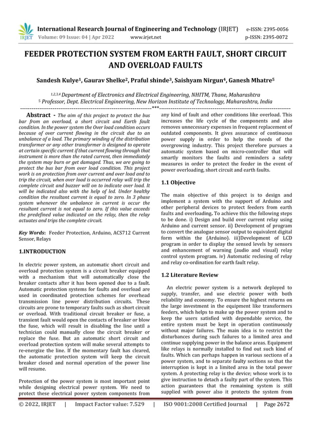 FEEDER PROTECTION SYSTEM FROM EARTH FAULT, SHORT CIRCUIT AND OVERLOAD FAULTS | PDF
