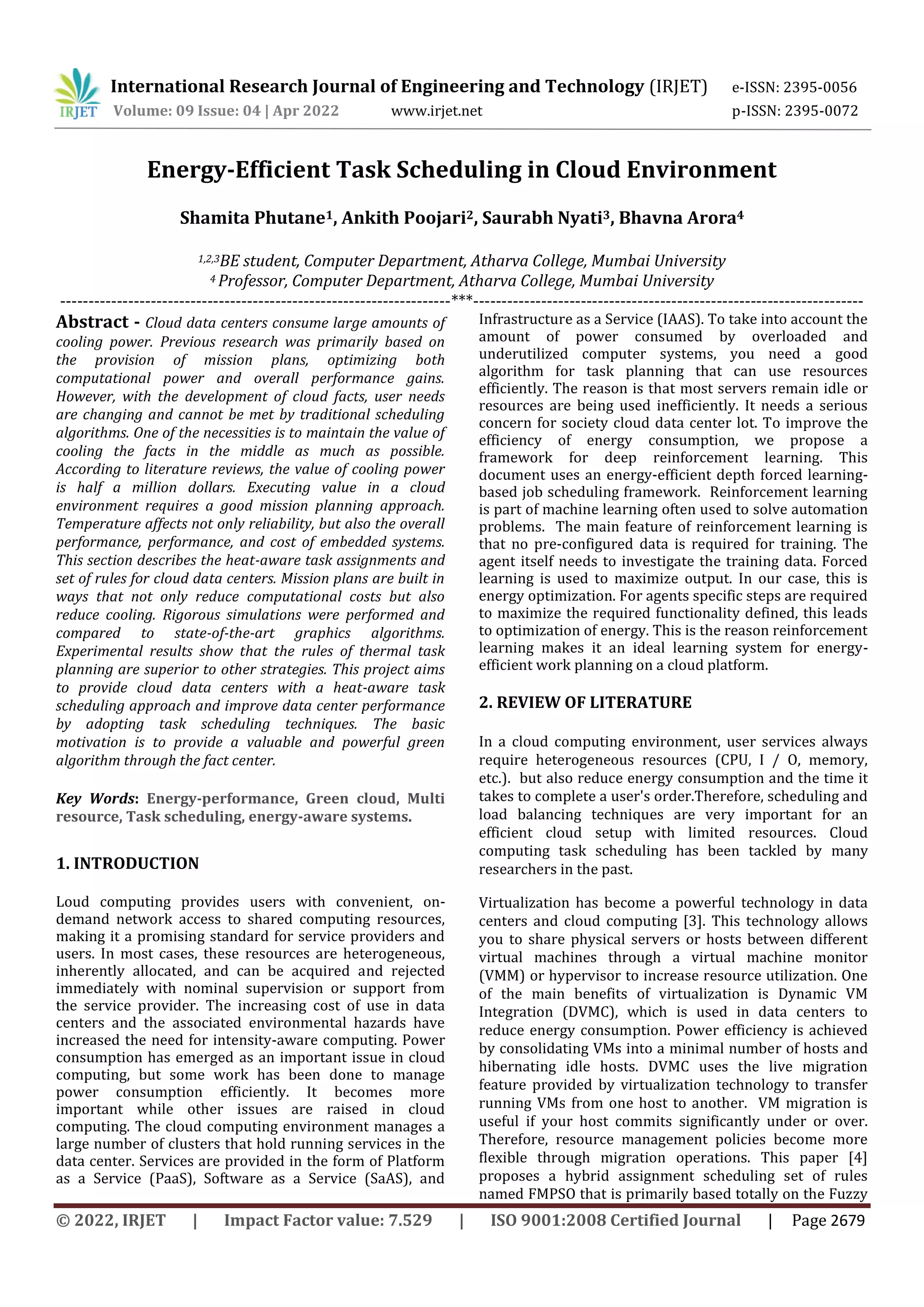 Energy Efficient Task Scheduling In Cloud Environment Pdf