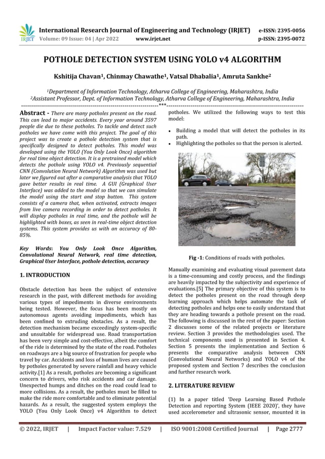 POTHOLE DETECTION SYSTEM USING YOLO v4 ALGORITHM | PDF