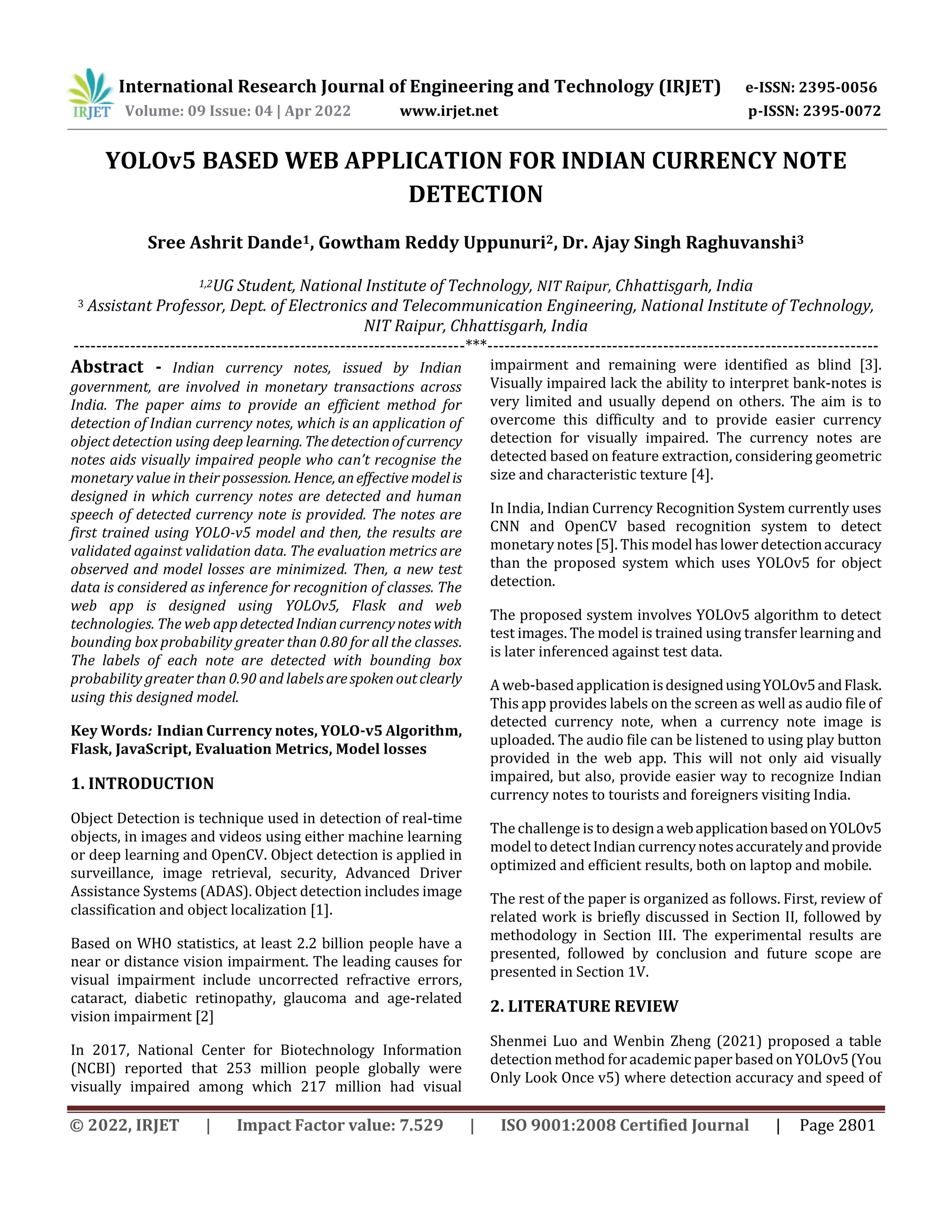 YOLOv5 BASED WEB APPLICATION FOR INDIAN CURRENCY NOTE DETECTION | PDF