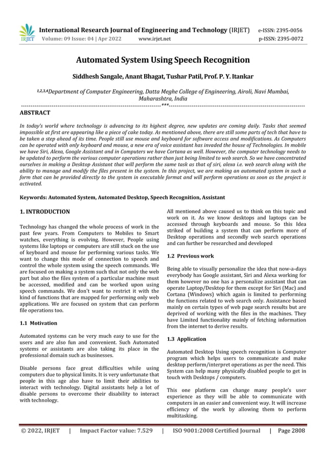 Automated System Using Speech Recognition | PDF | Desktops | Computing