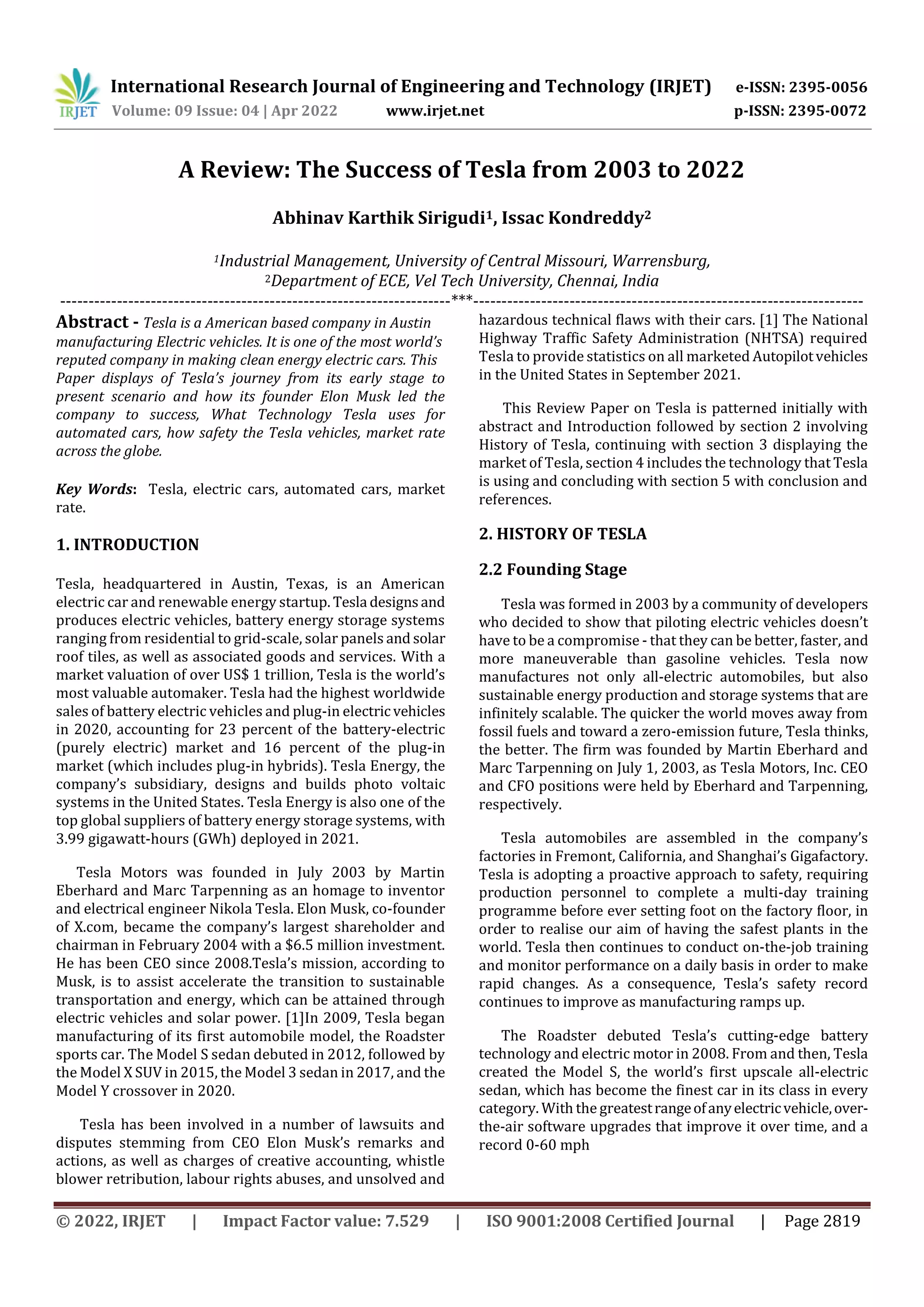 A Review: The Success of Tesla from 2003 to 2022 | PDF