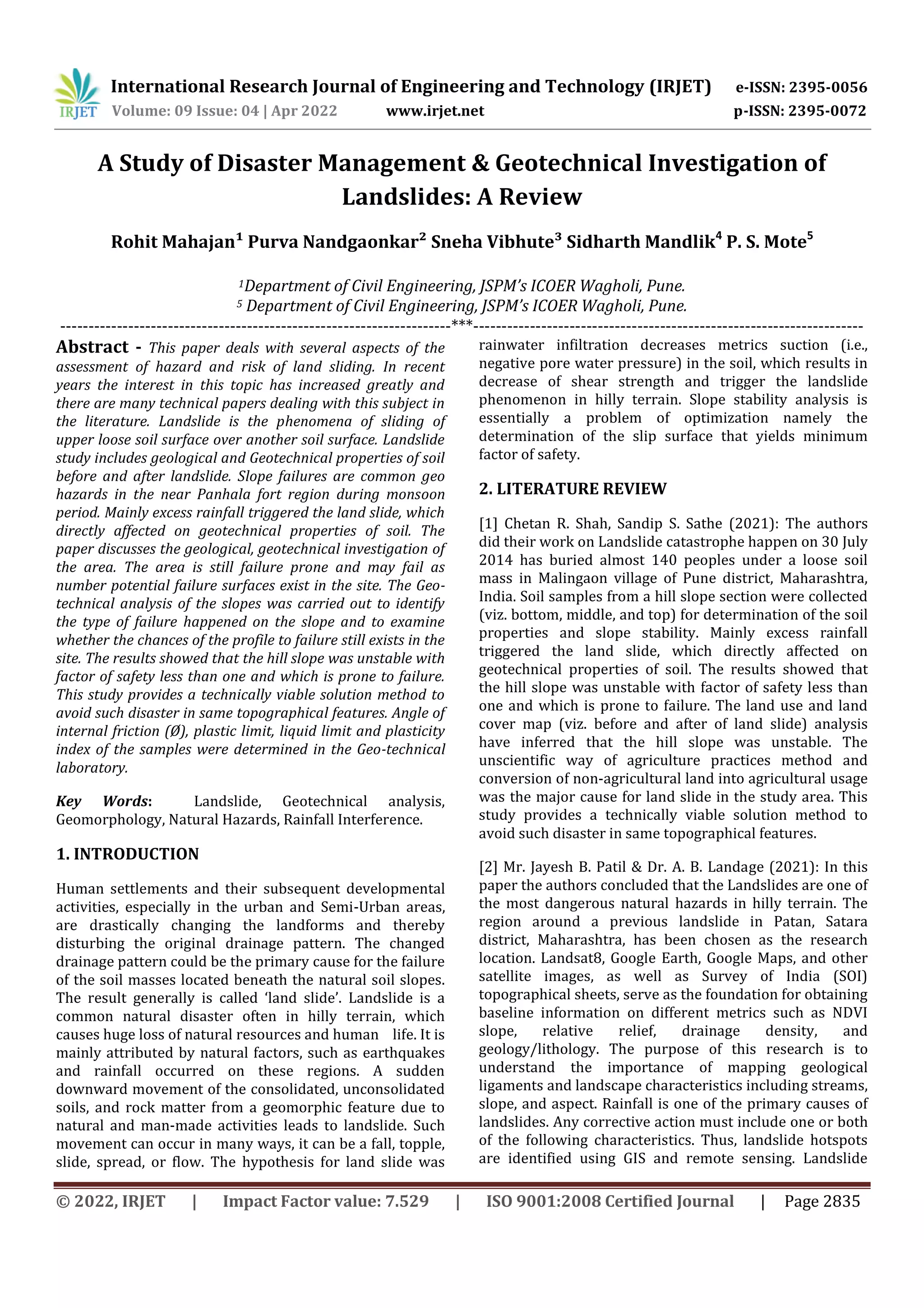 A Study of Disaster Management & Geotechnical Investigation of Landslides: A Review | PDF ...