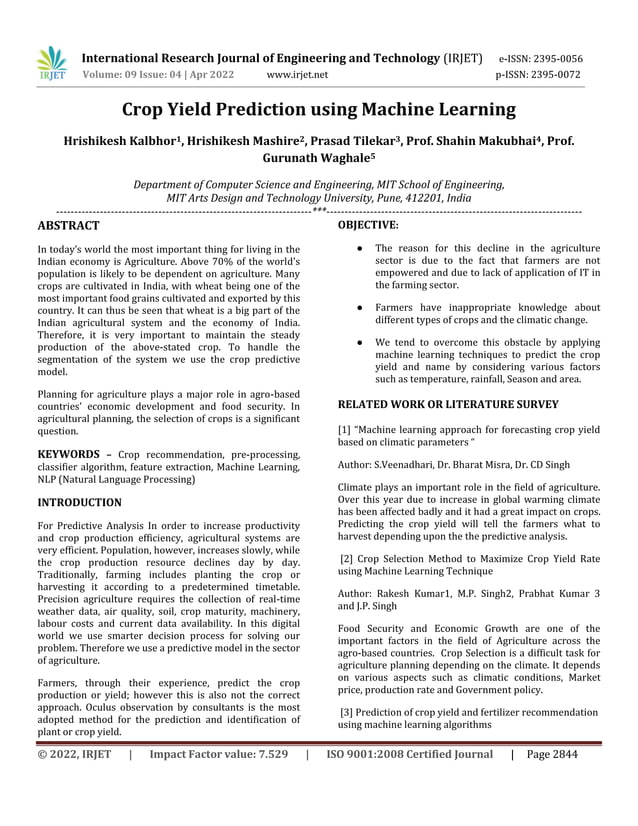 Crop Yield Prediction using Machine Learning | PDF | Agriculture | Industries