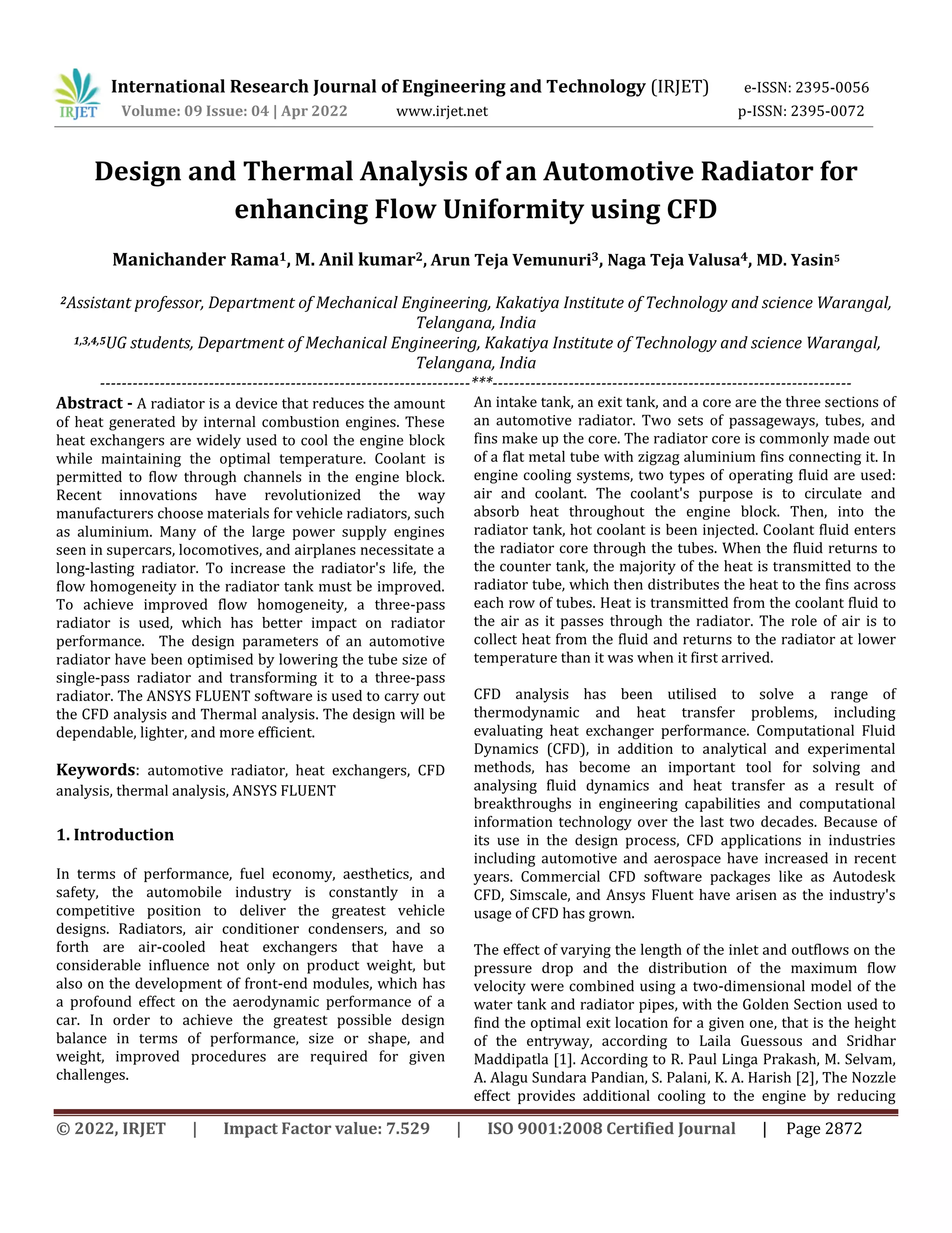 Design and Thermal Analysis of an Automotive Radiator for enhancing ...