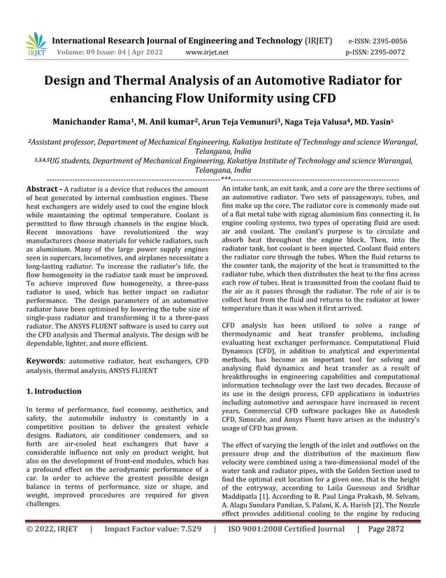 Design and Thermal Analysis of an Automotive Radiator for enhancing ...