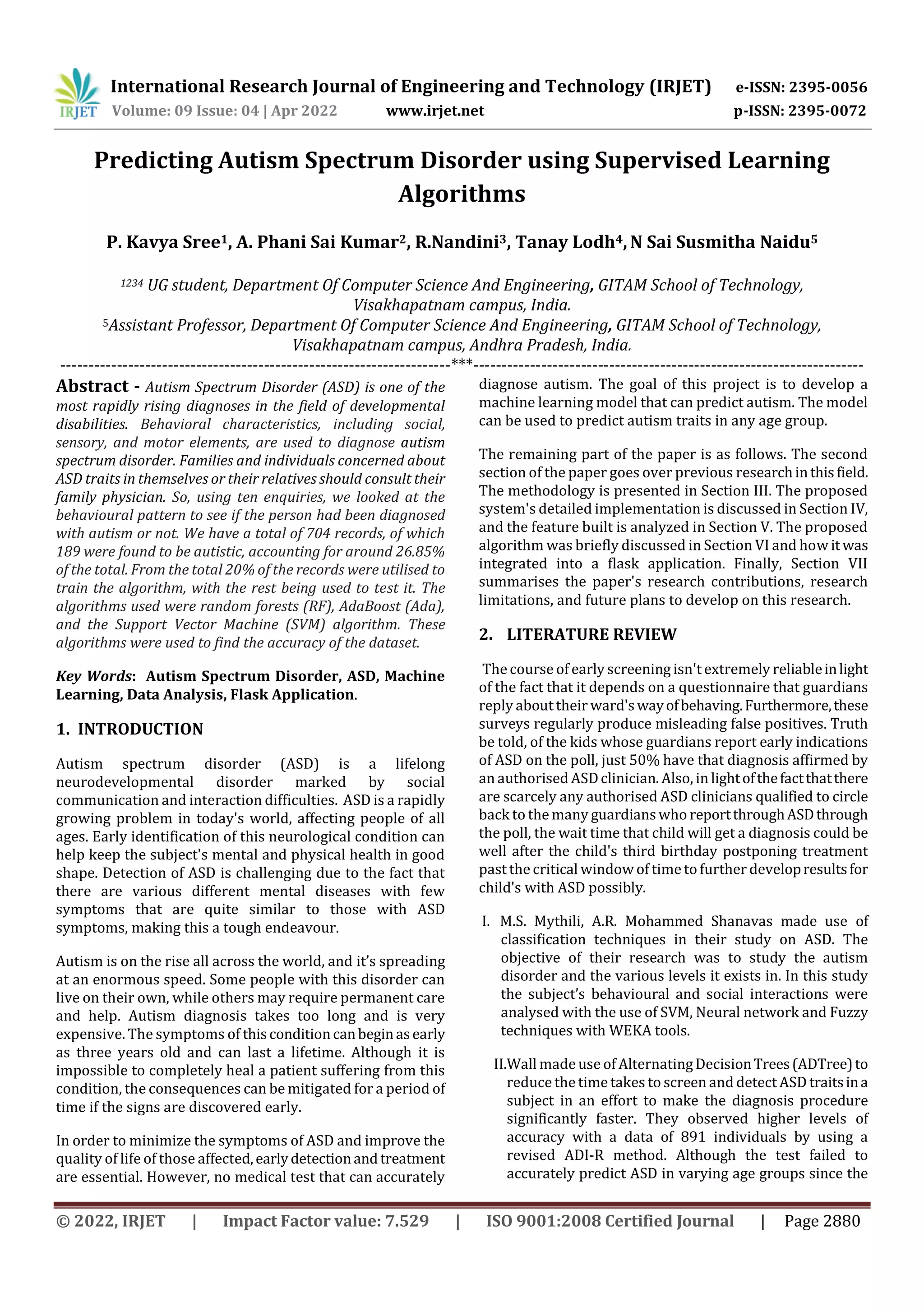 Predicting Autism Spectrum Disorder using Supervised Learning Algorithms | PDF