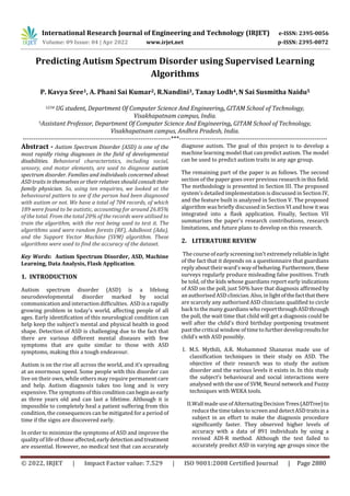Predicting Autism Spectrum Disorder using Supervised Learning Algorithms | PDF