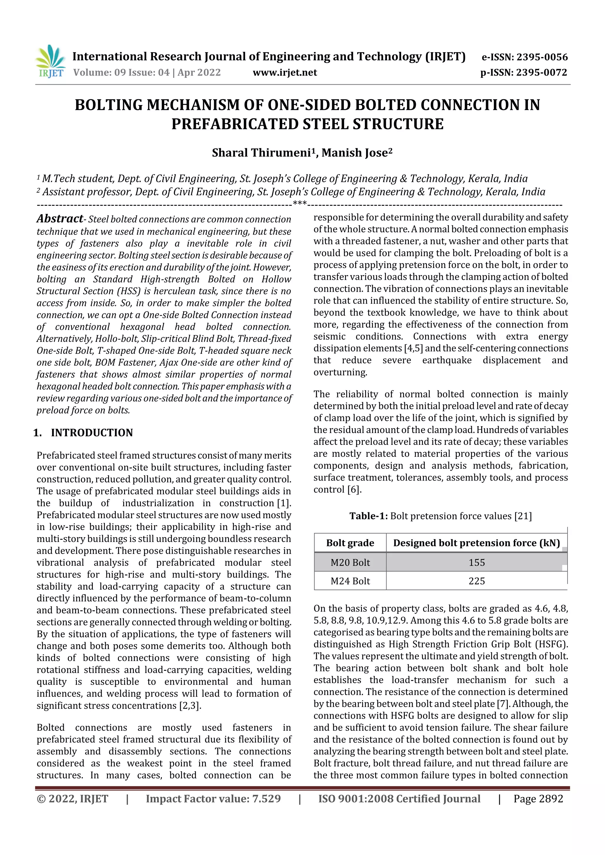 BOLTING MECHANISM OF ONE-SIDED BOLTED CONNECTION IN PREFABRICATED STEEL ...