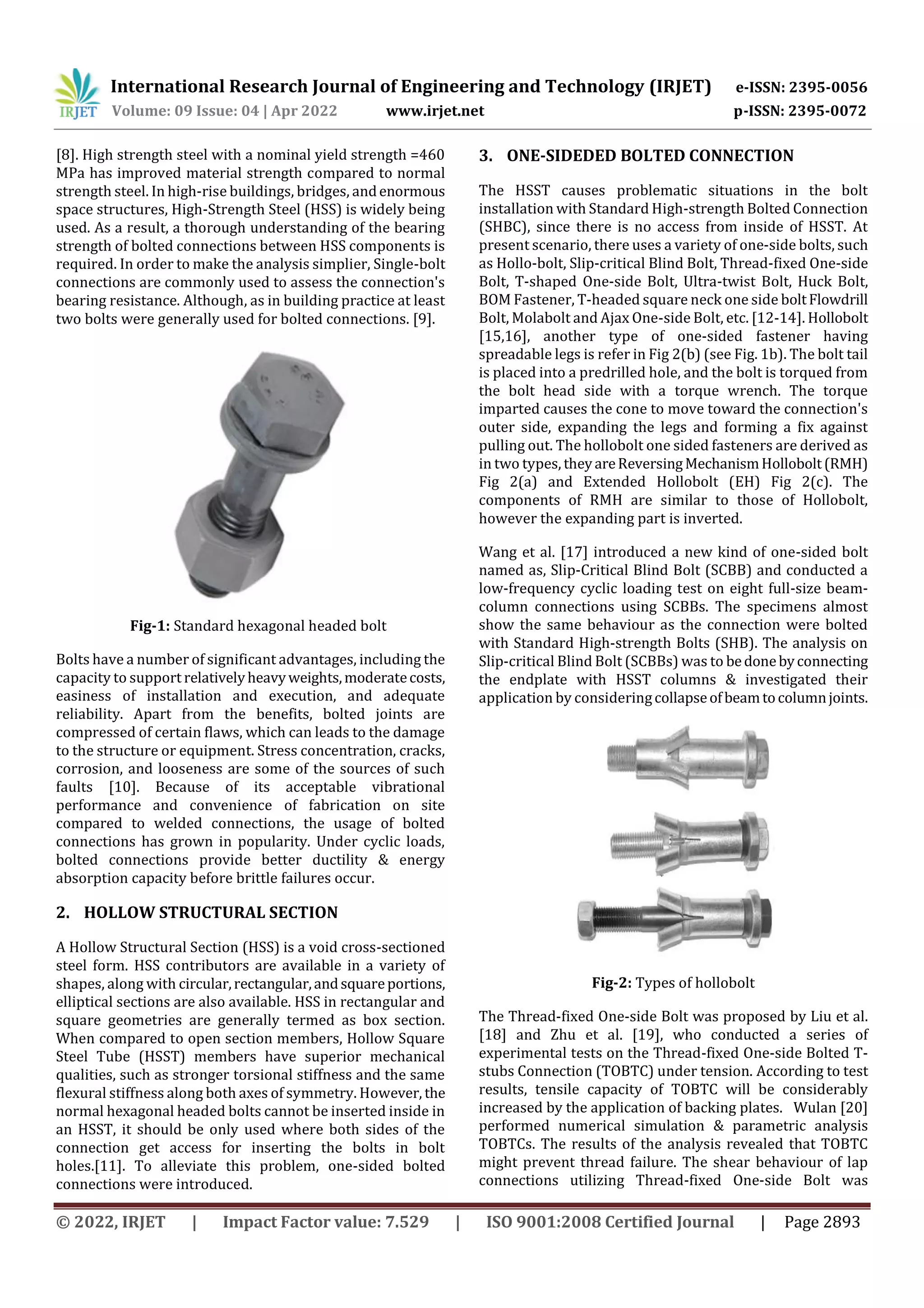 BOLTING MECHANISM OF ONE-SIDED BOLTED CONNECTION IN PREFABRICATED STEEL STRUCTURE | PDF