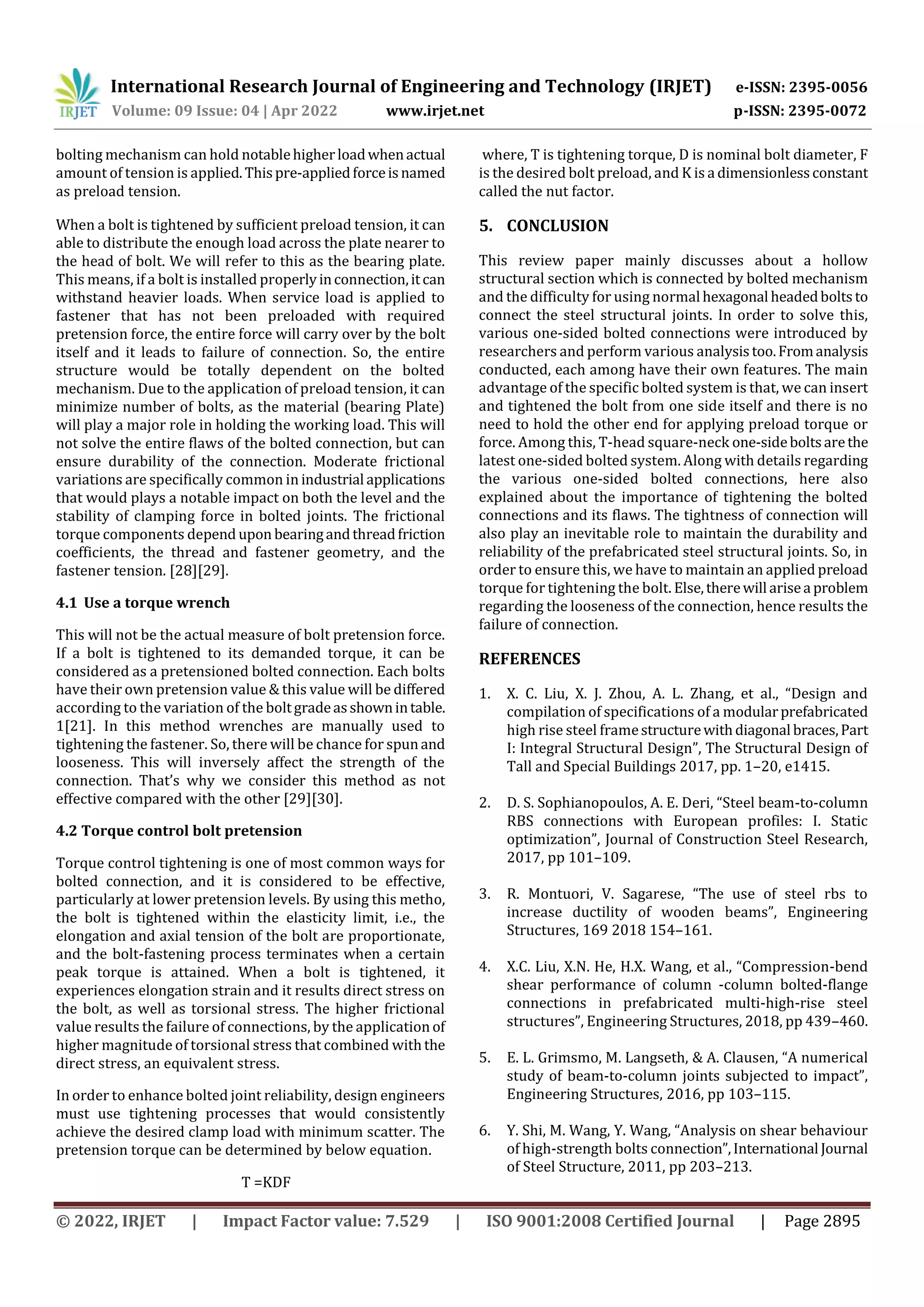 BOLTING MECHANISM OF ONE-SIDED BOLTED CONNECTION IN PREFABRICATED STEEL ...
