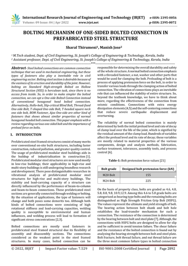 BOLTING MECHANISM OF ONE-SIDED BOLTED CONNECTION IN PREFABRICATED STEEL ...