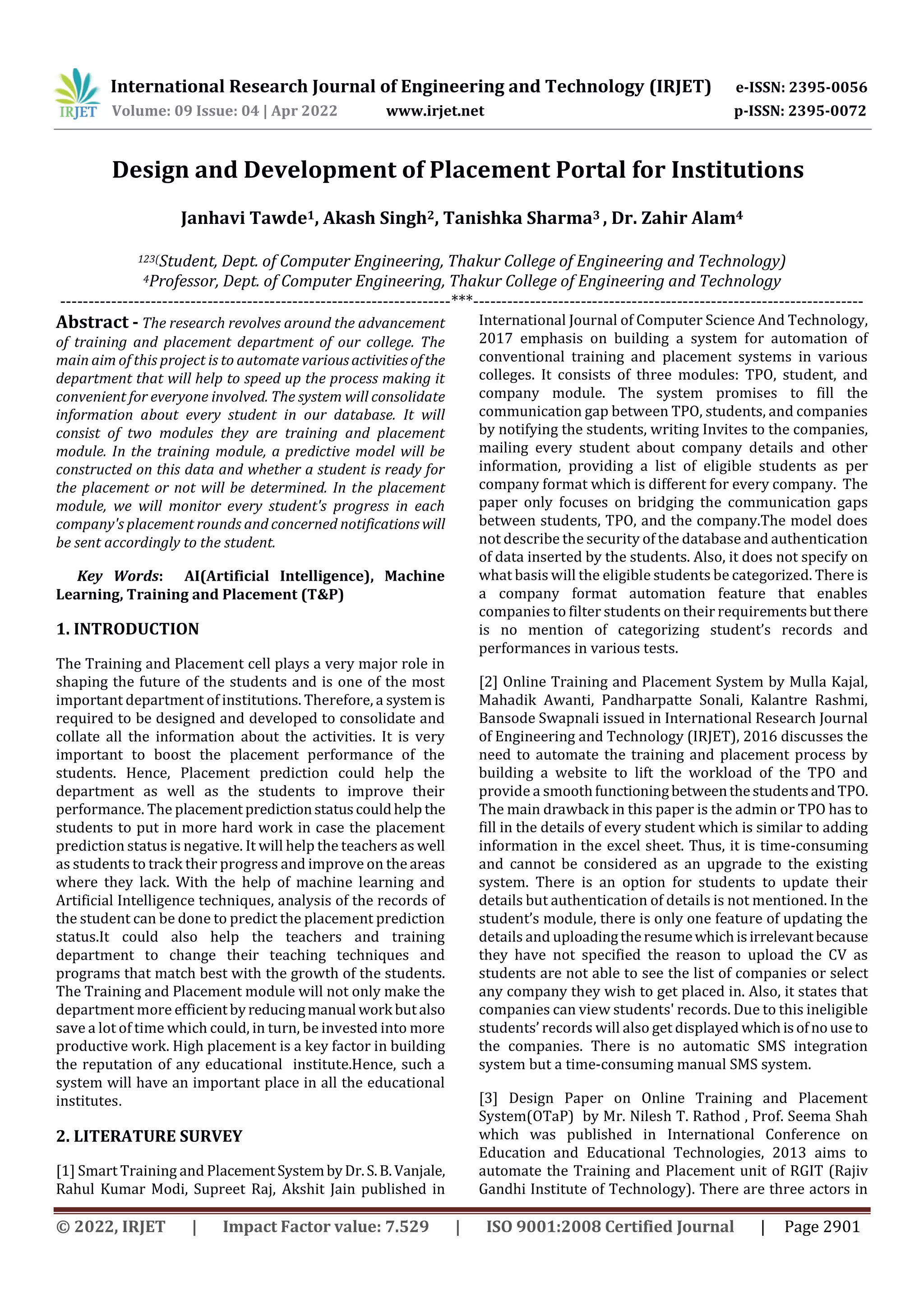Design and Development of Placement Portal for Institutions | PDF