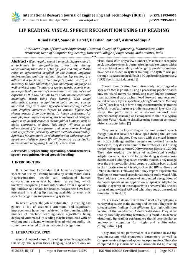 LIP READING: VISUAL SPEECH RECOGNITION USING LIP READING | PDF