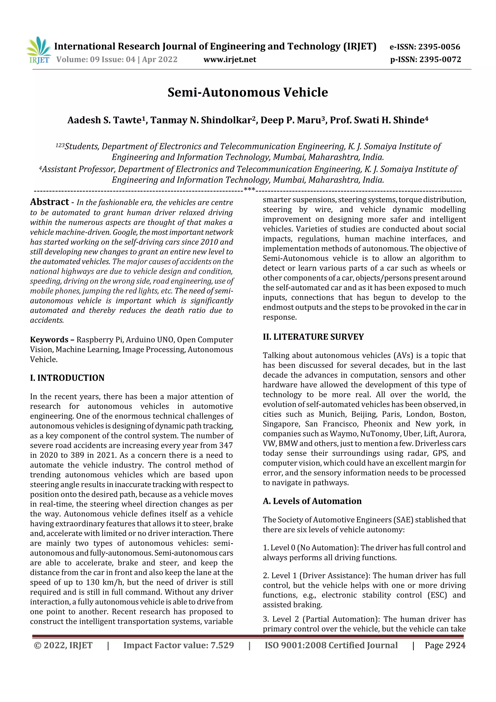 Semi-Autonomous Vehicle | PDF