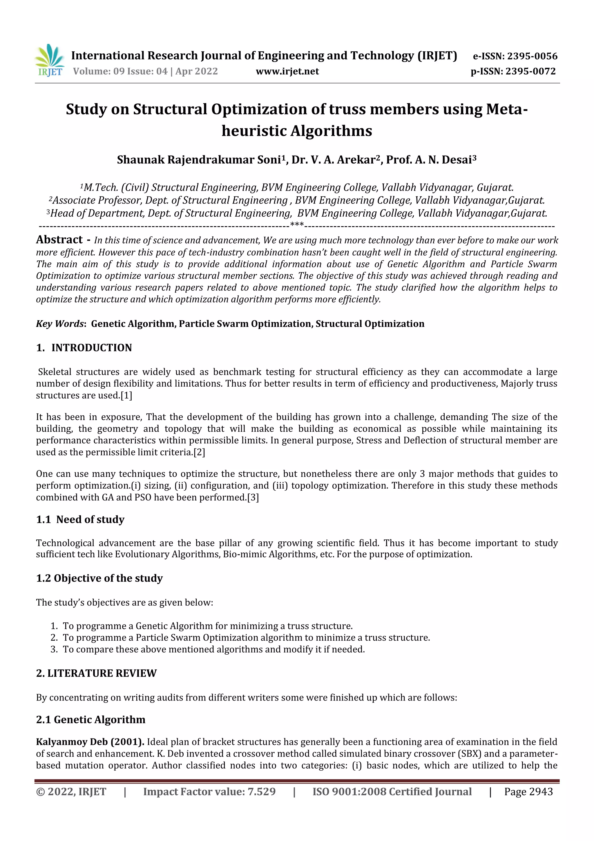 Study on Structural Optimization of truss members using Meta- heuristic Algorithms | PDF