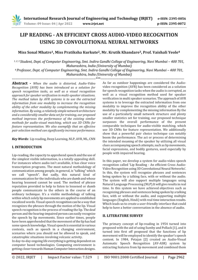 LIP READING - AN EFFICIENT CROSS AUDIO-VIDEO RECOGNITION USING 3D CONVOLUTIONAL NEURAL NETWORKS ...