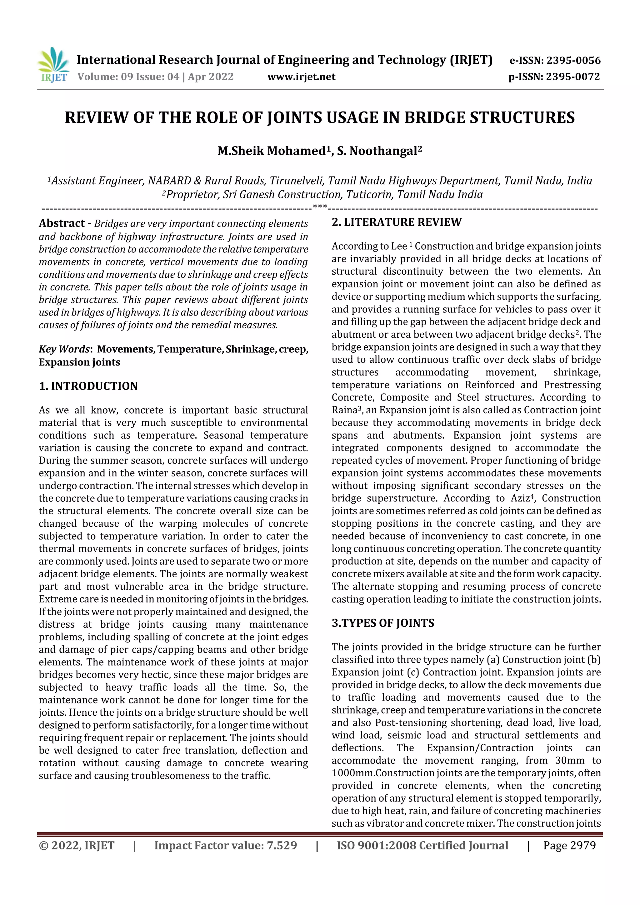 REVIEW OF THE ROLE OF JOINTS USAGE IN BRIDGE STRUCTURES | PDF