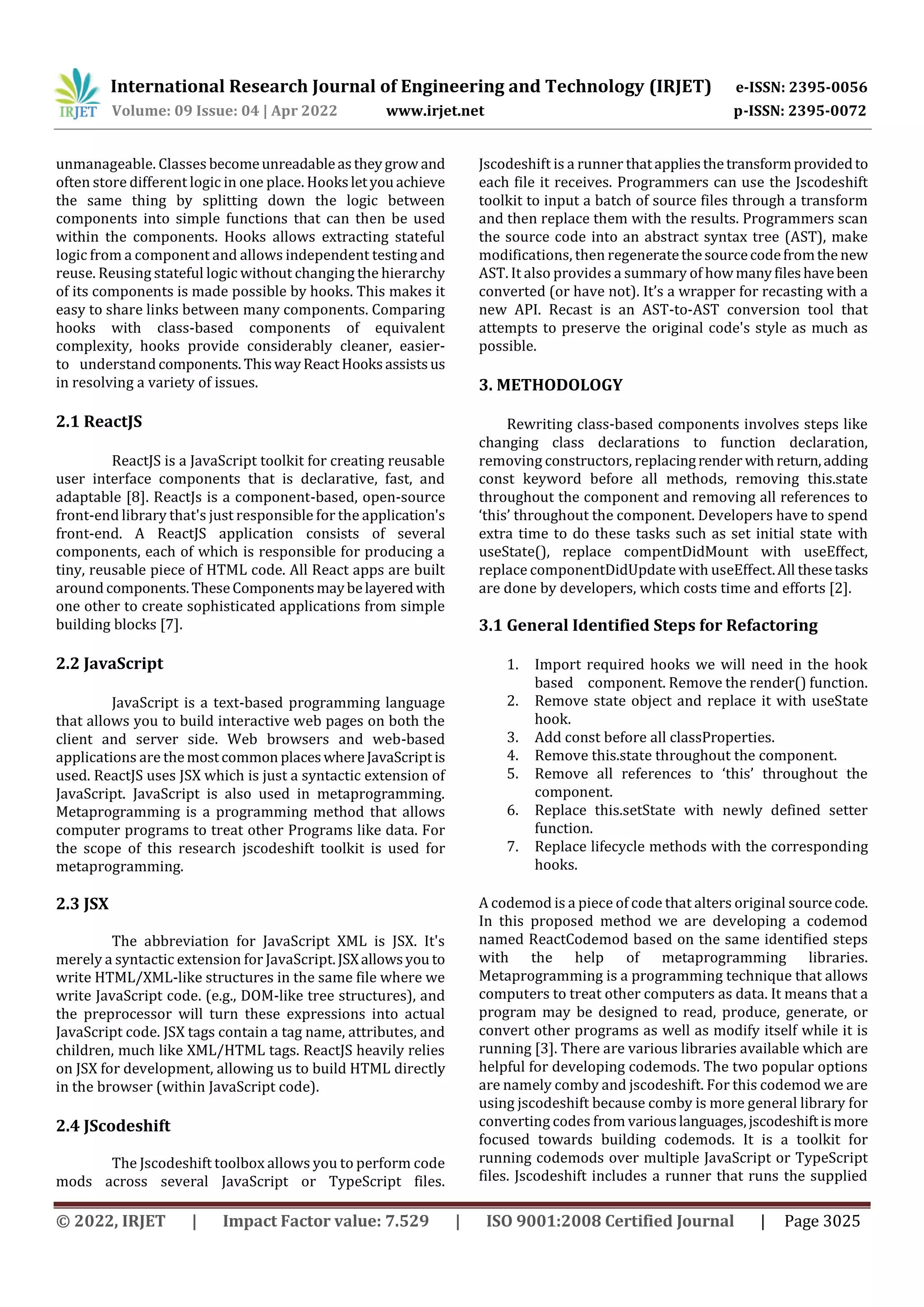 Reactcodemod An Automated Approach For Refactoring Class Based Components To Hooks Pdf